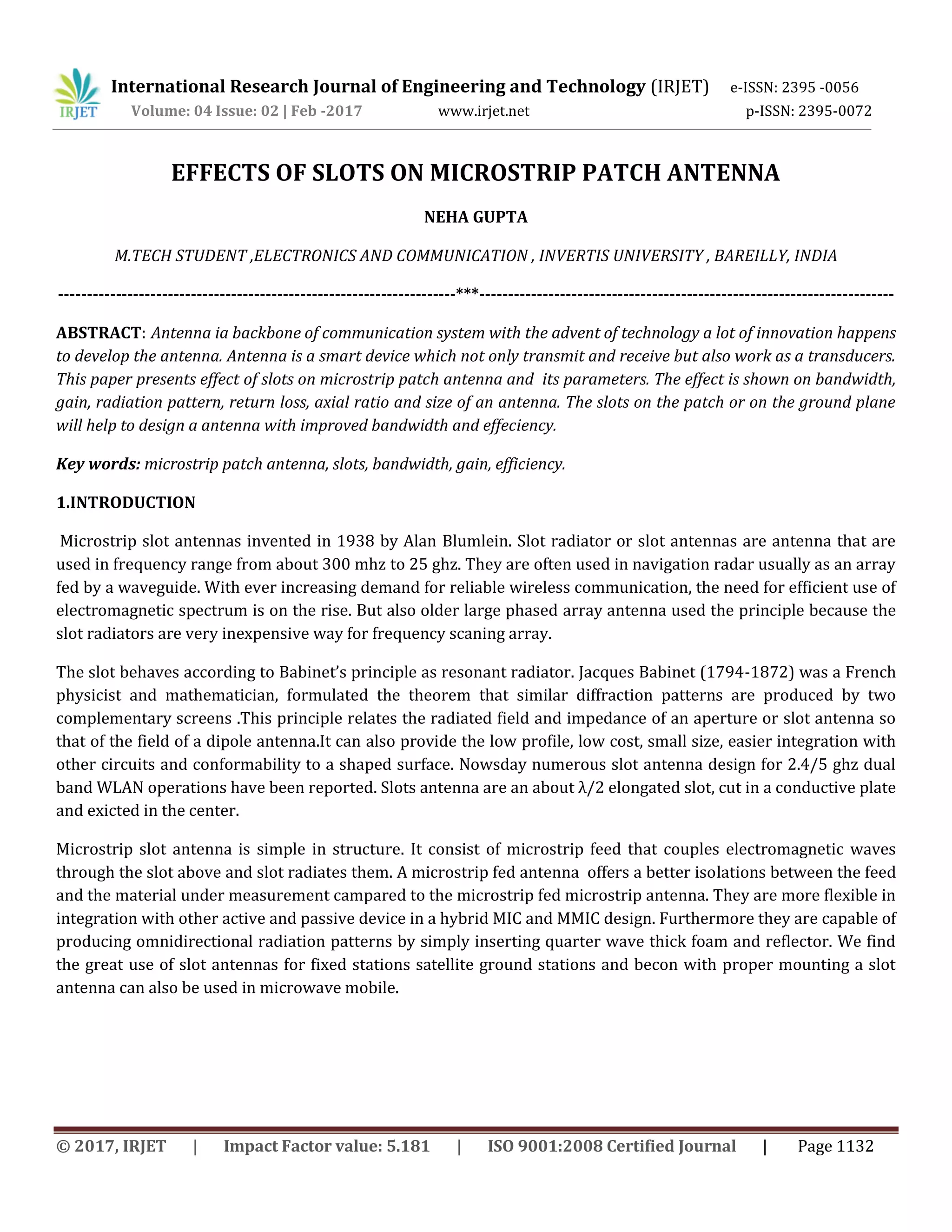 Effects of slots on microstrip patch antenna | PDF