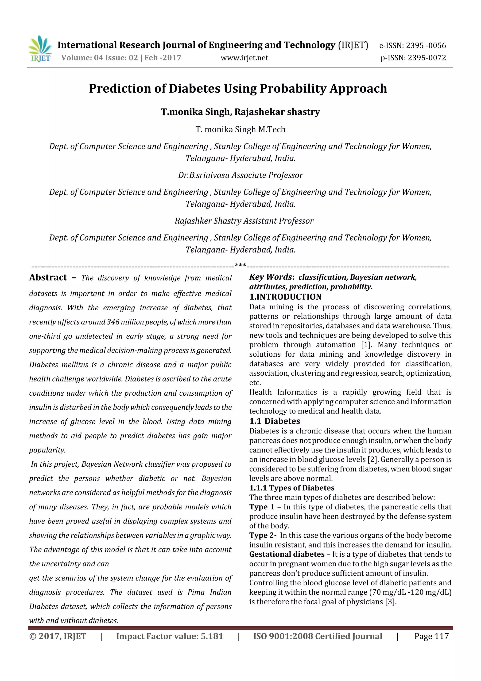 Prediction of Diabetes using Probability Approach | PDF