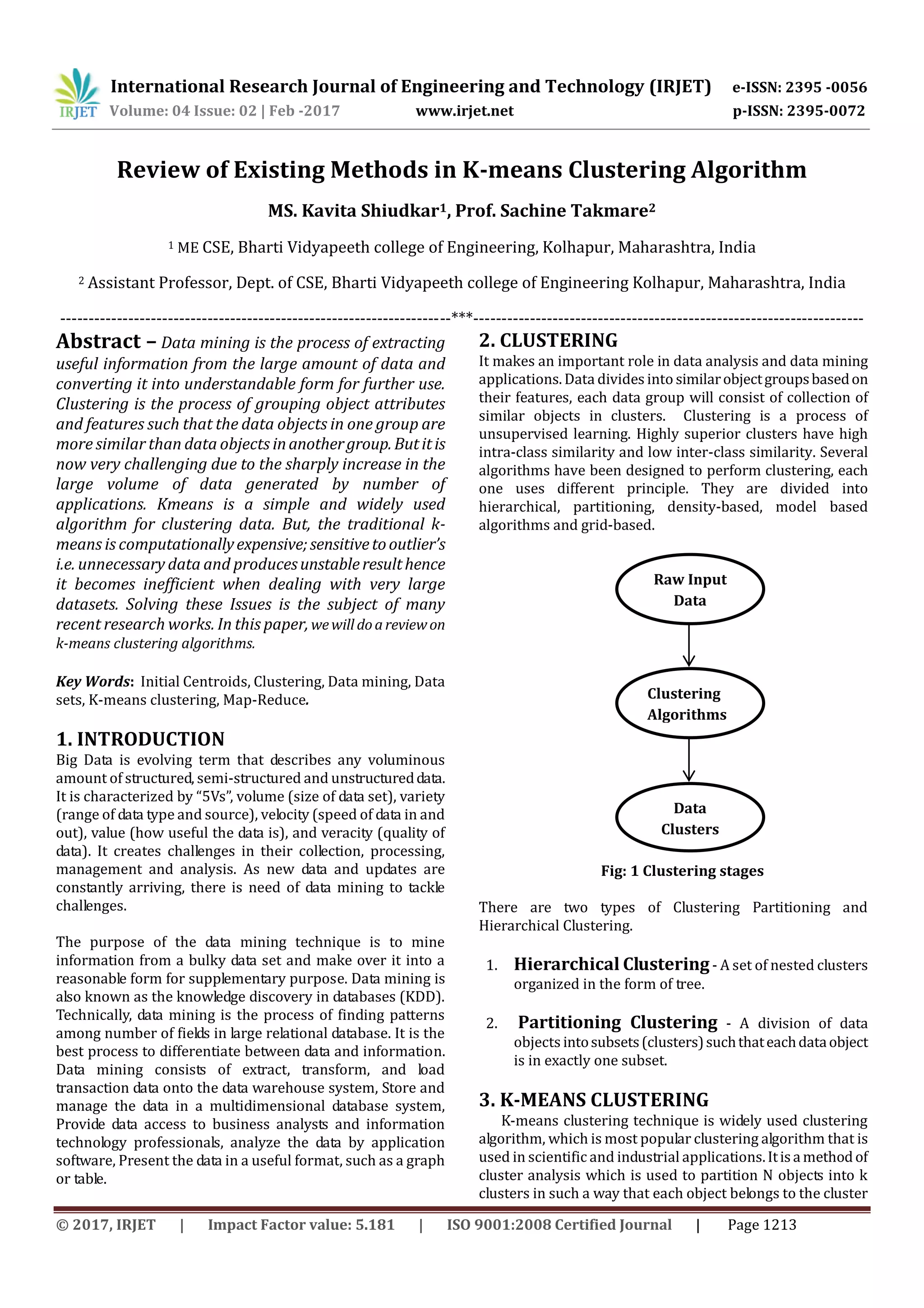 Review Of Existing Methods In K Means Clustering Algorithm Pdf