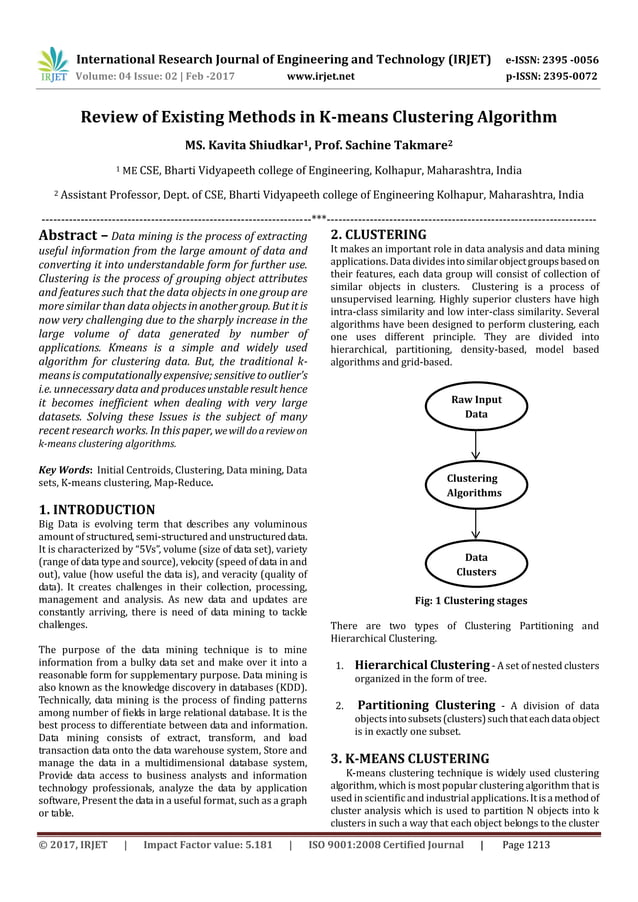 Review Of Existing Methods In K Means Clustering Algorithm Pdf