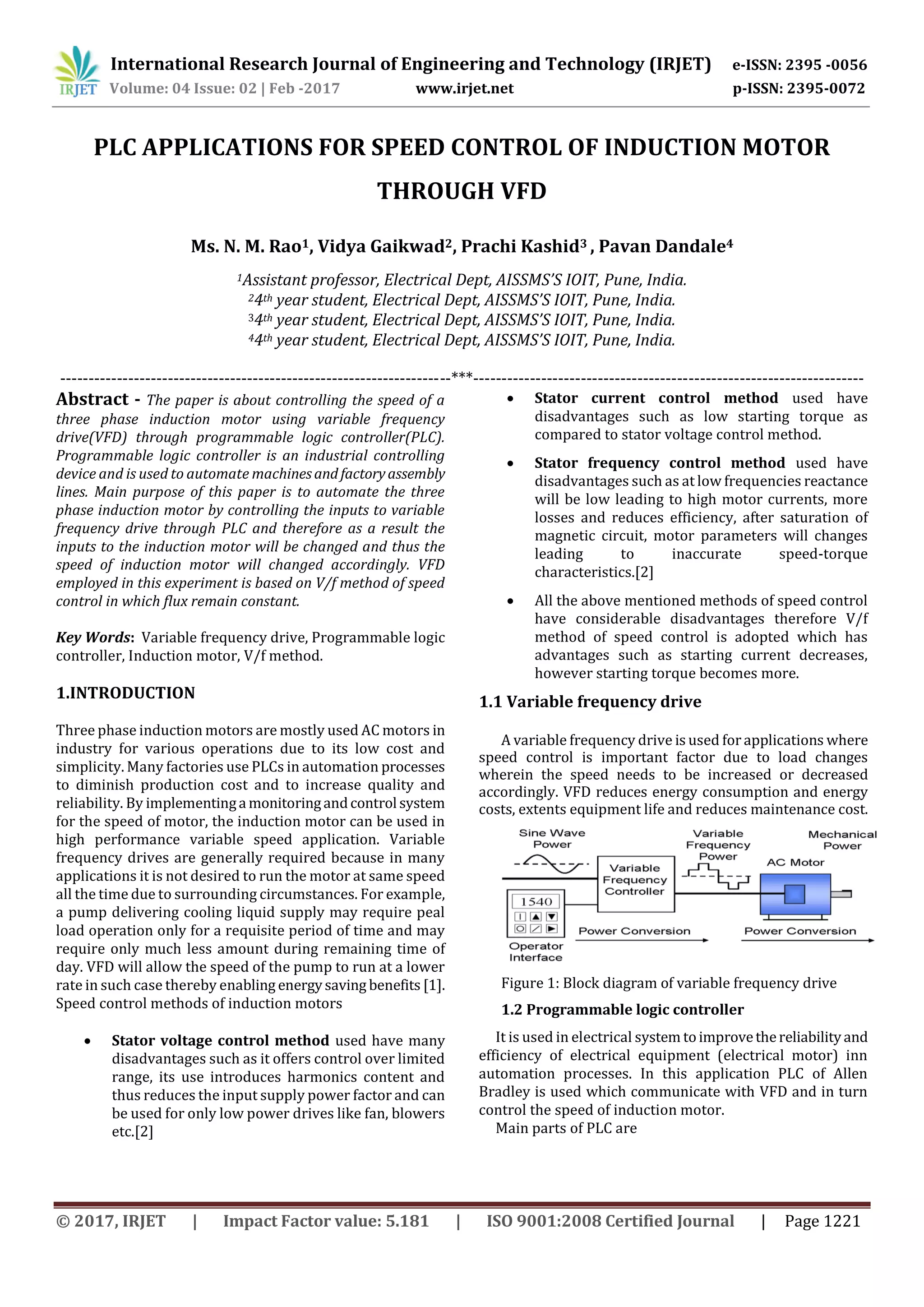 PLC Applications for speed control of induction motor through VFD | PDF