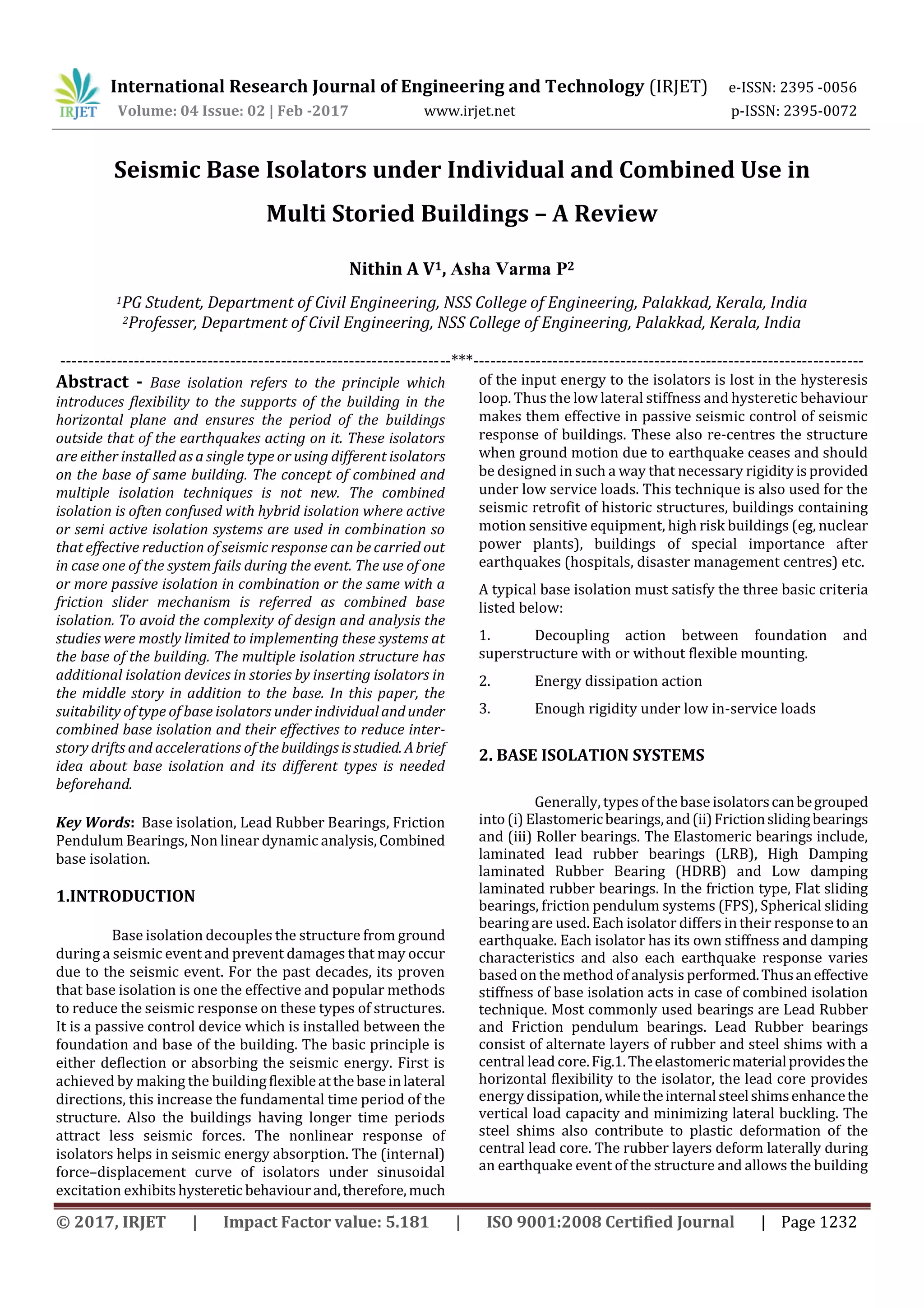 Seismic Base Isolators under Individual and Combined Use in Multi Storied Buildings – A Review | PDF