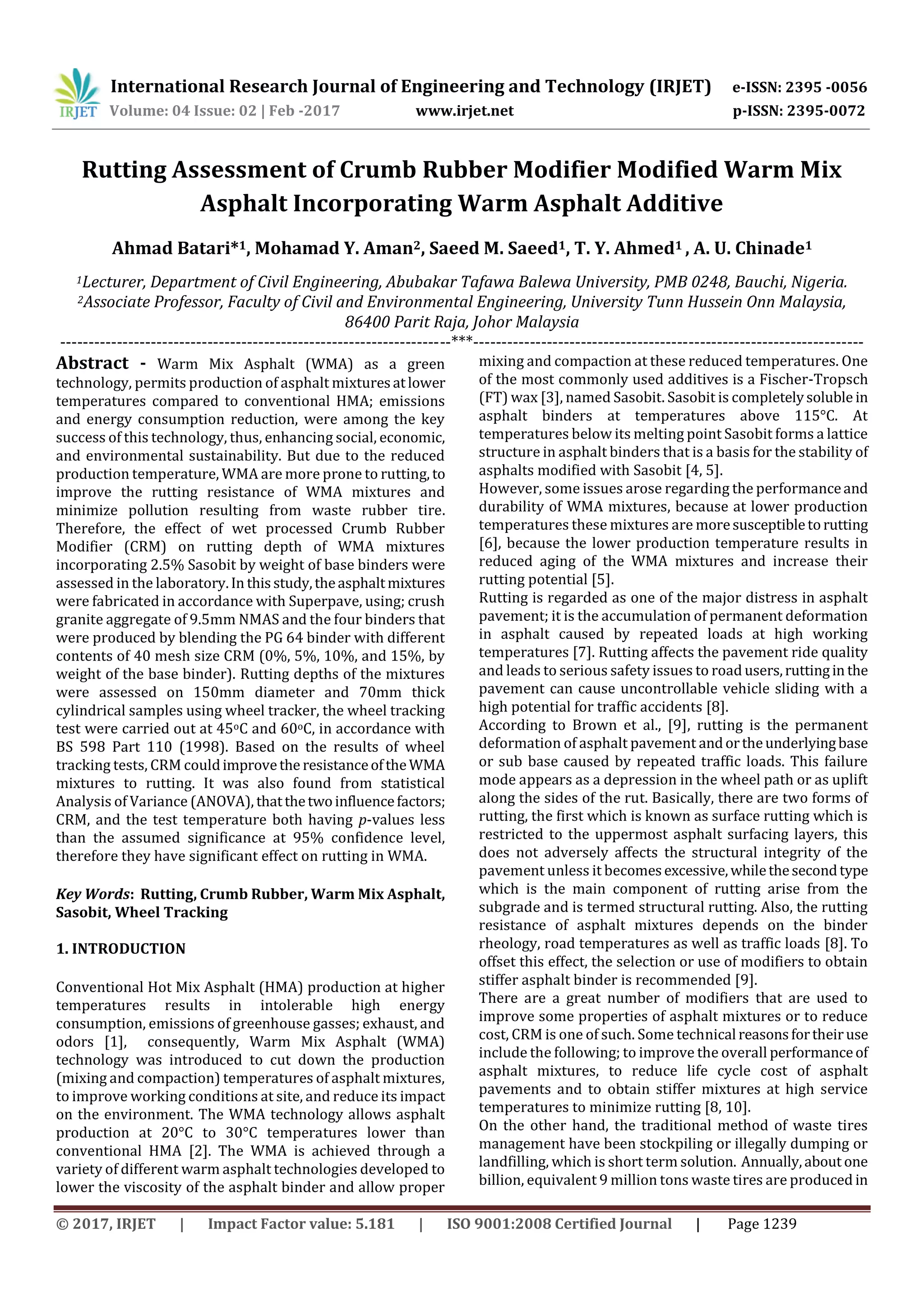 Rutting Assessment of Crumb Rubber Modifier Modified Warm Mix Asphalt ...