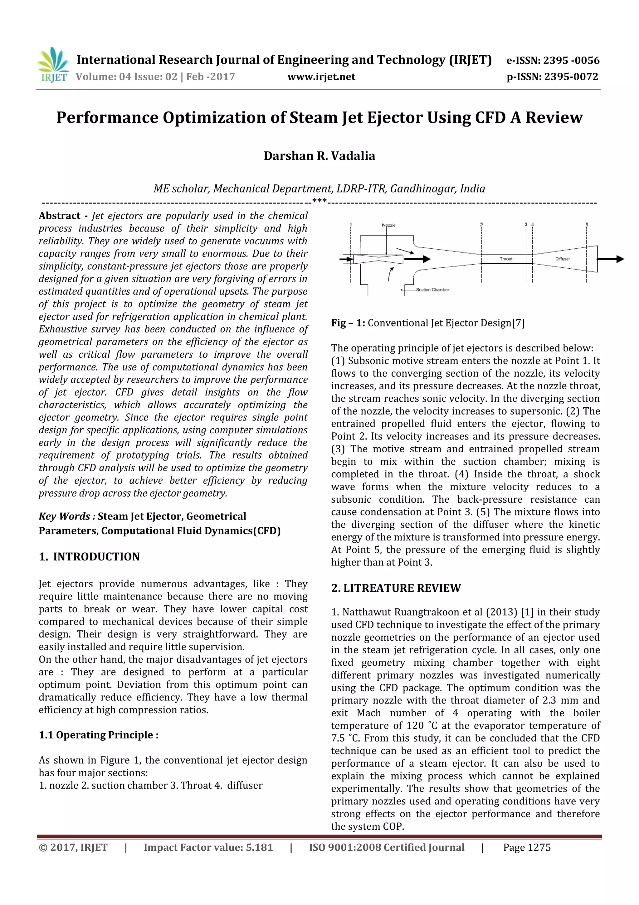 Performance Optimization Of Steam Jet Ejector Using Cfd A Review Pdf