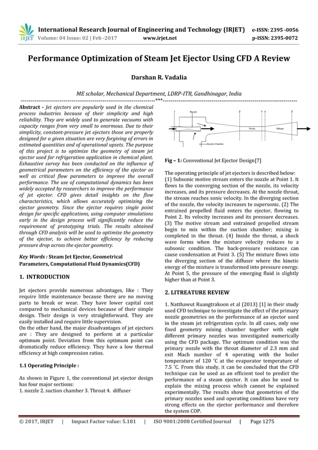Performance Optimization Of Steam Jet Ejector Using Cfd A Review Pdf