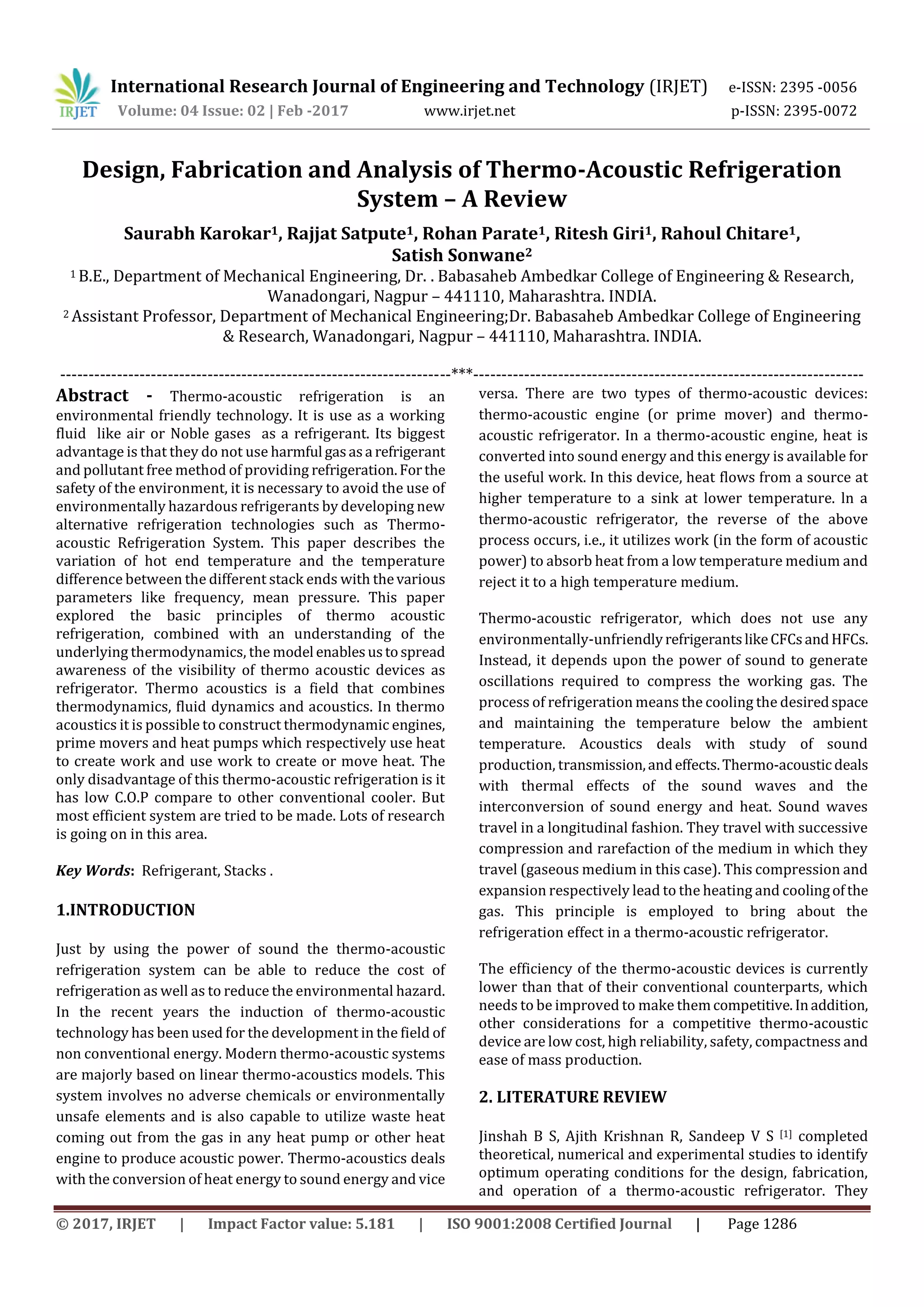 Design, Fabrication and Analysis of Thermo-Acoustic Refrigeration ...
