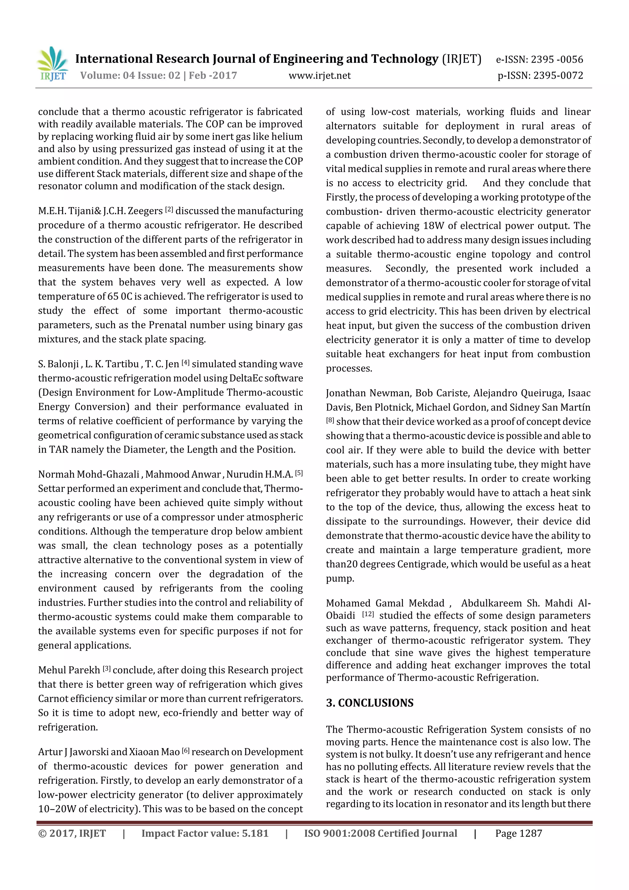 Design, Fabrication and Analysis of Thermo-Acoustic Refrigeration ...