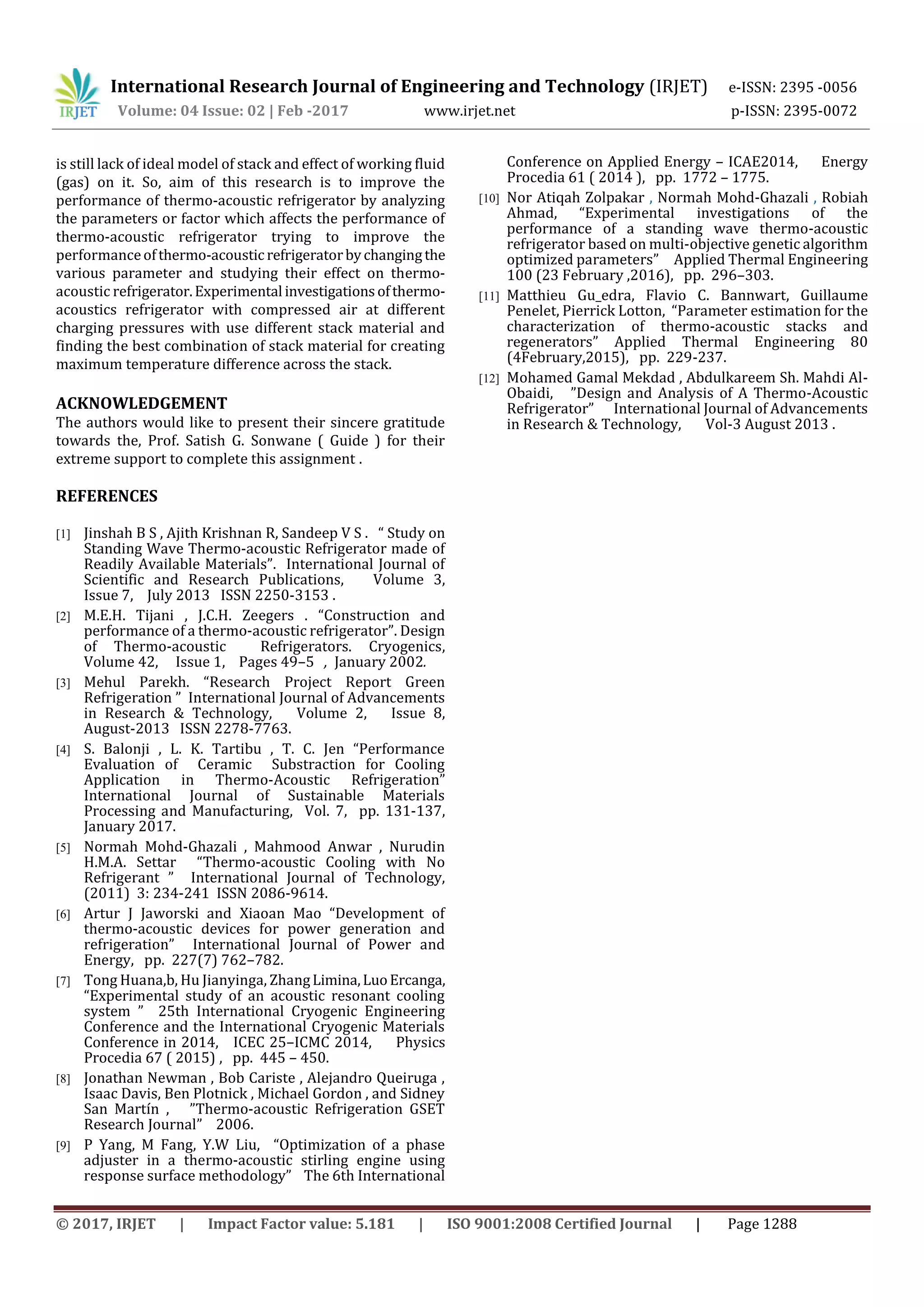 Design, Fabrication and Analysis of Thermo-Acoustic Refrigeration ...