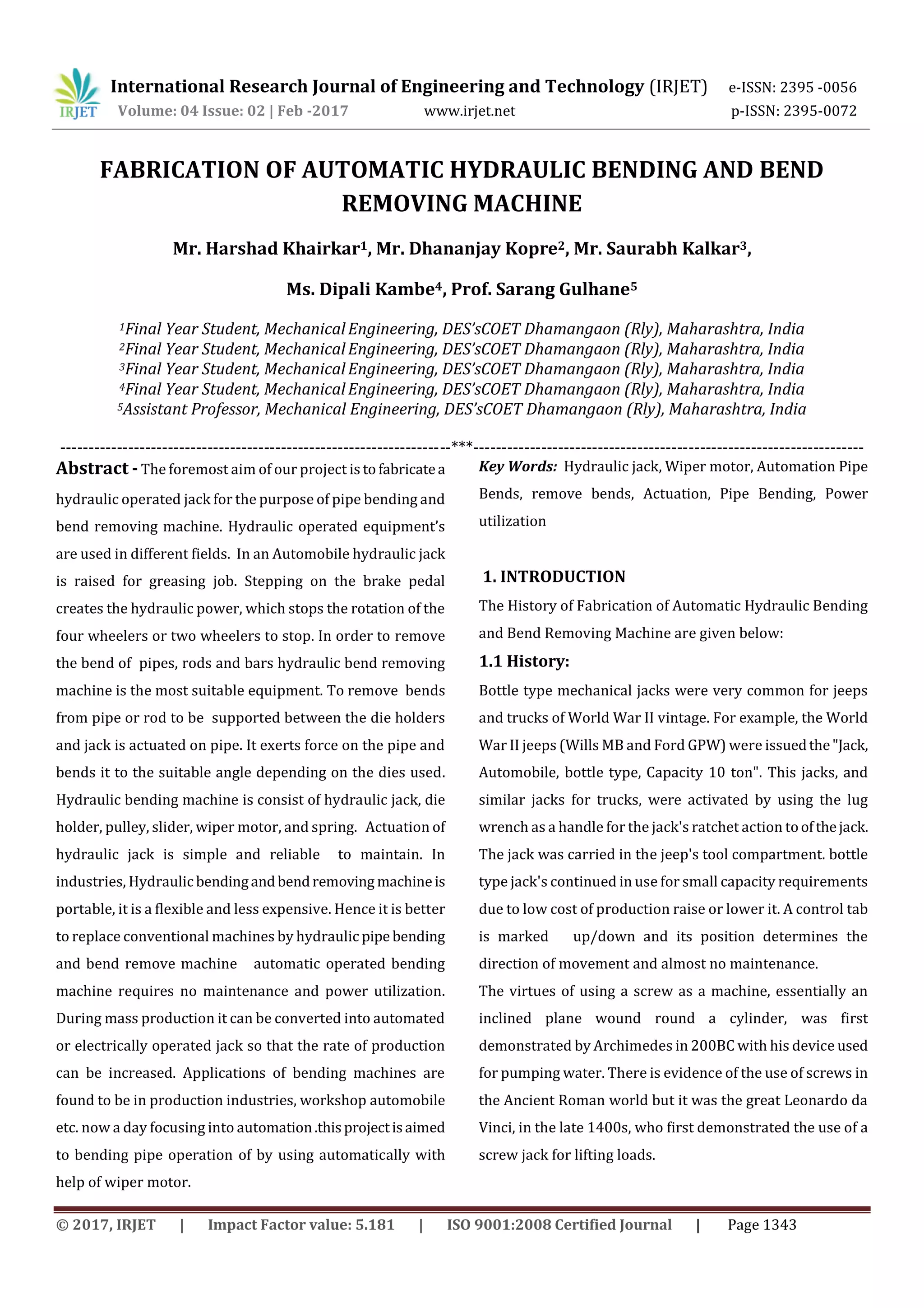 Fabrication of automatic hydraulic bending and bend removing machine | PDF