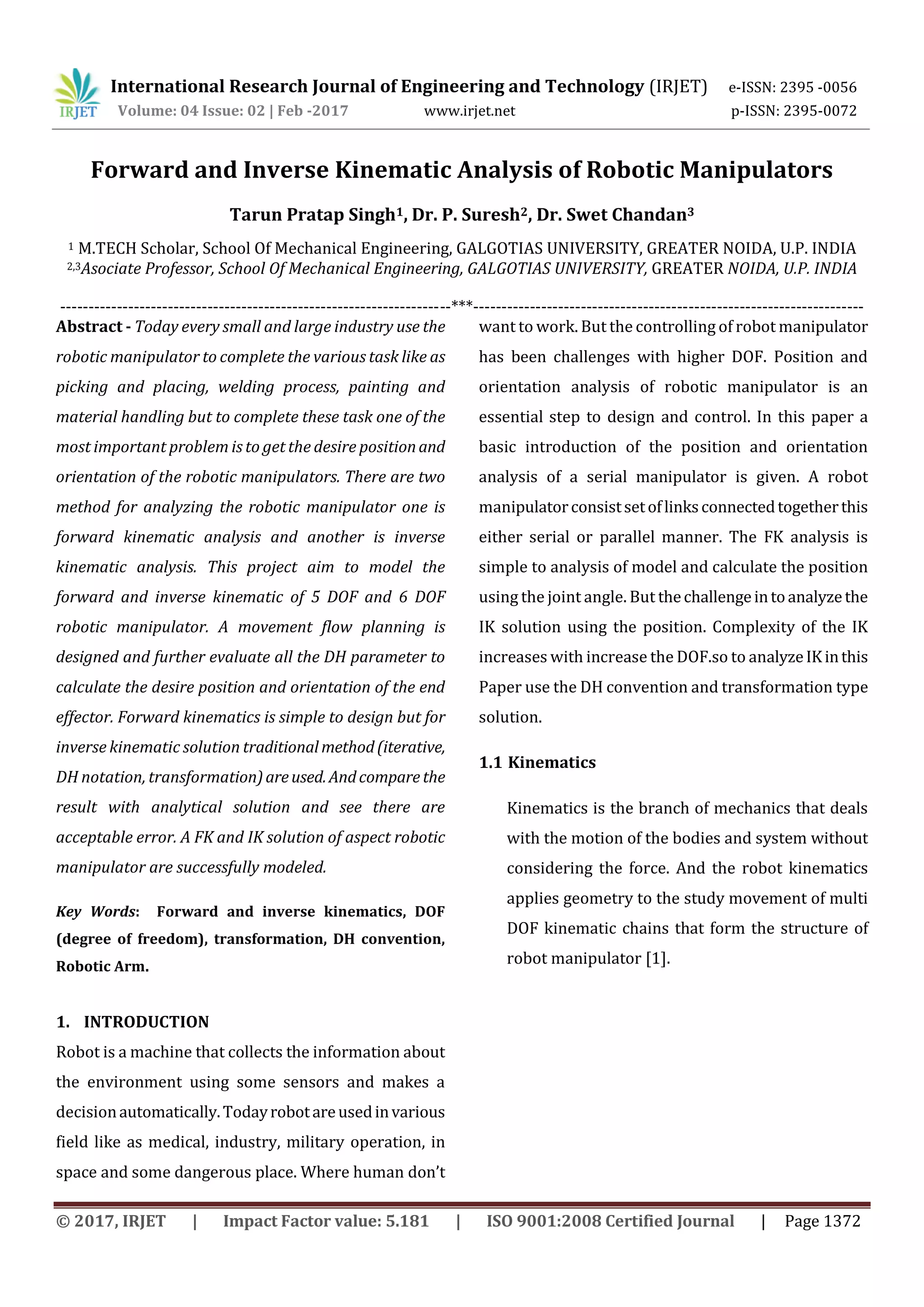 Forward and Inverse Kinematic Analysis of Robotic Manipulators | PDF Forward and Inverse Kinematic Analysis of Robotic Manipulators | PDF