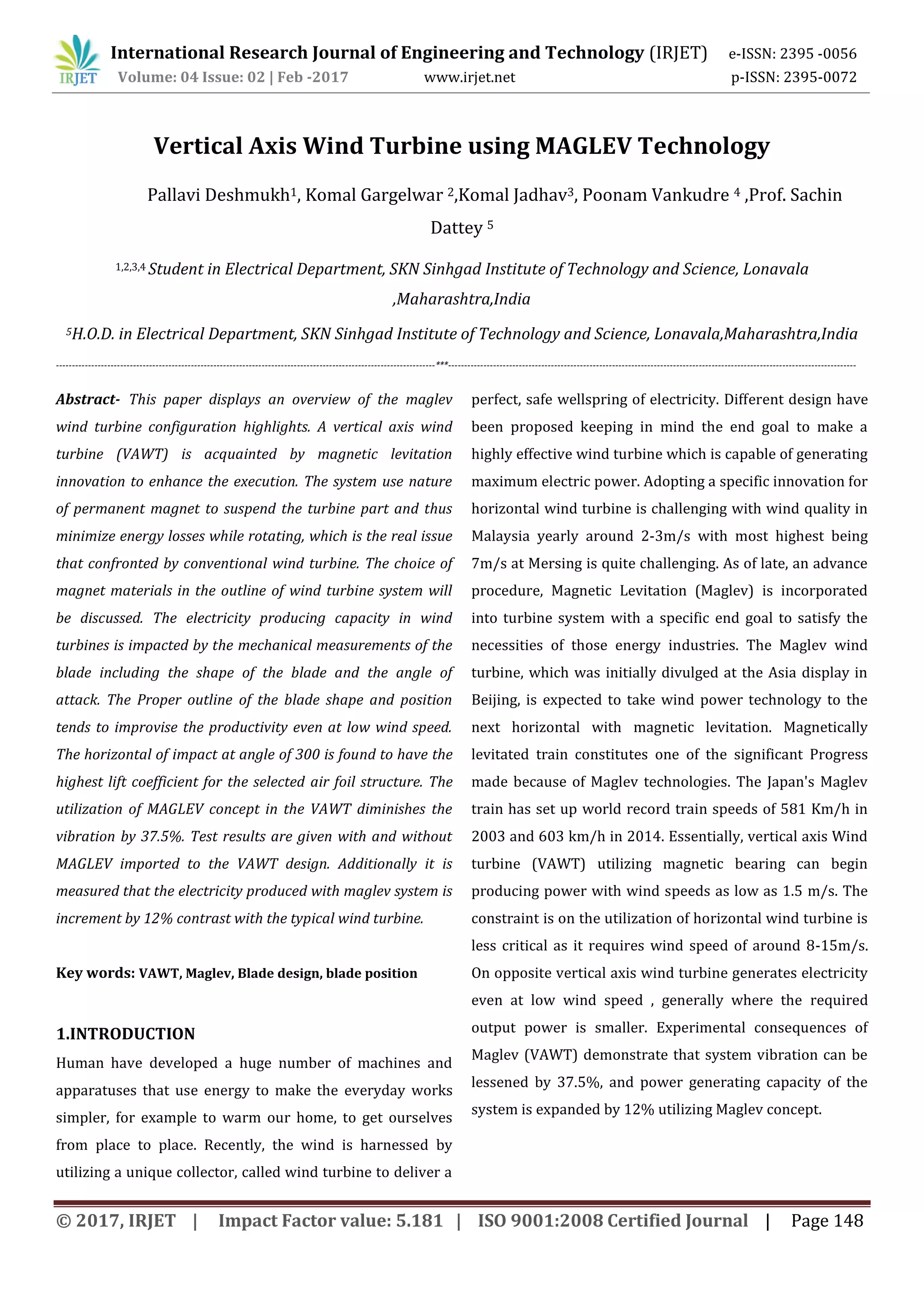 Vertical Axis Wind Turbine using MAGLEV Technology | PDF