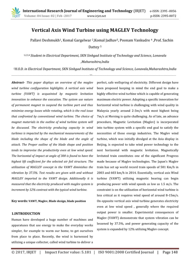 Vertical Axis Wind Turbine using MAGLEV Technology | PDF