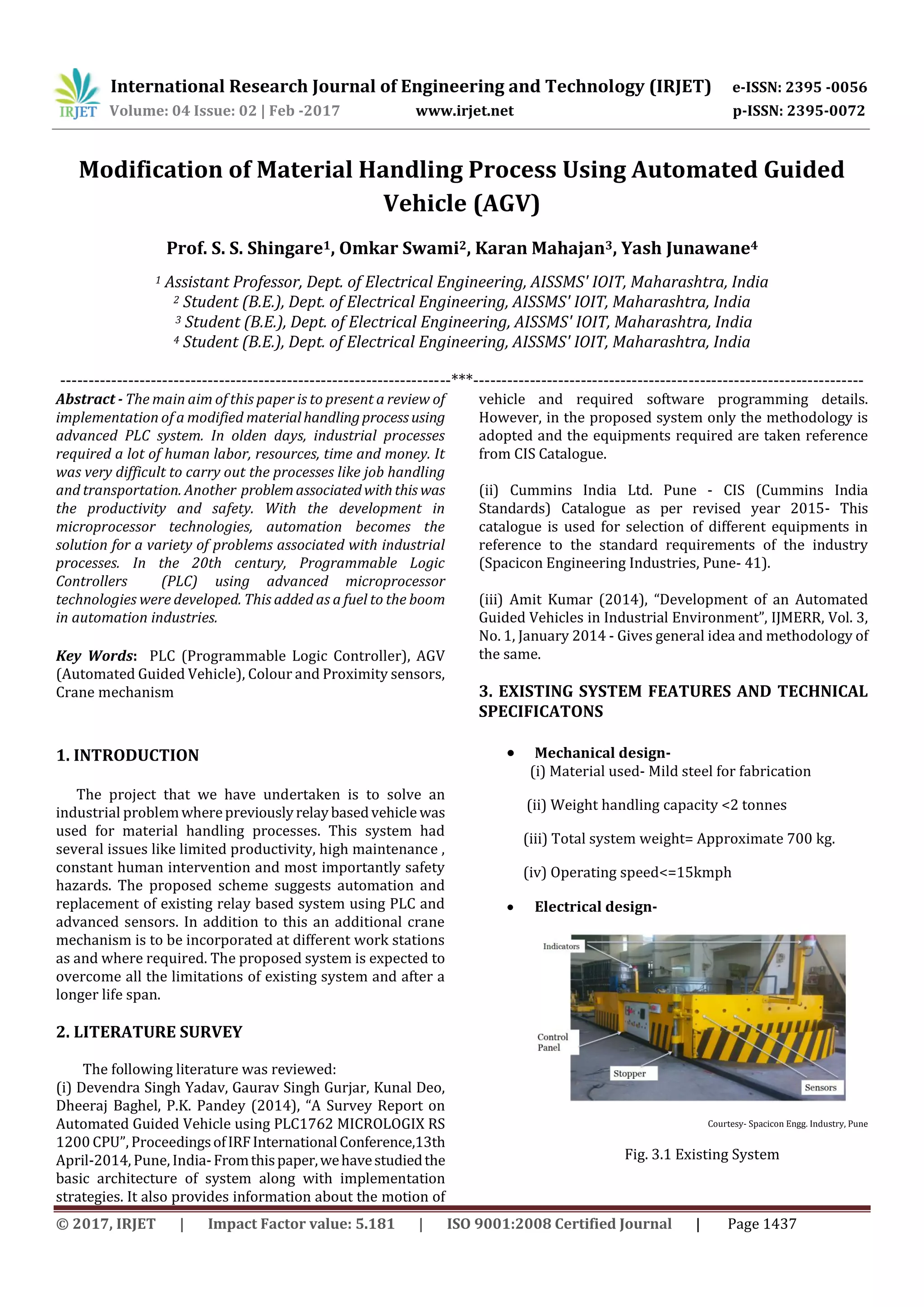 Modification of Material Handling Process Using Automated Guided Vehicle (AGV) | PDF