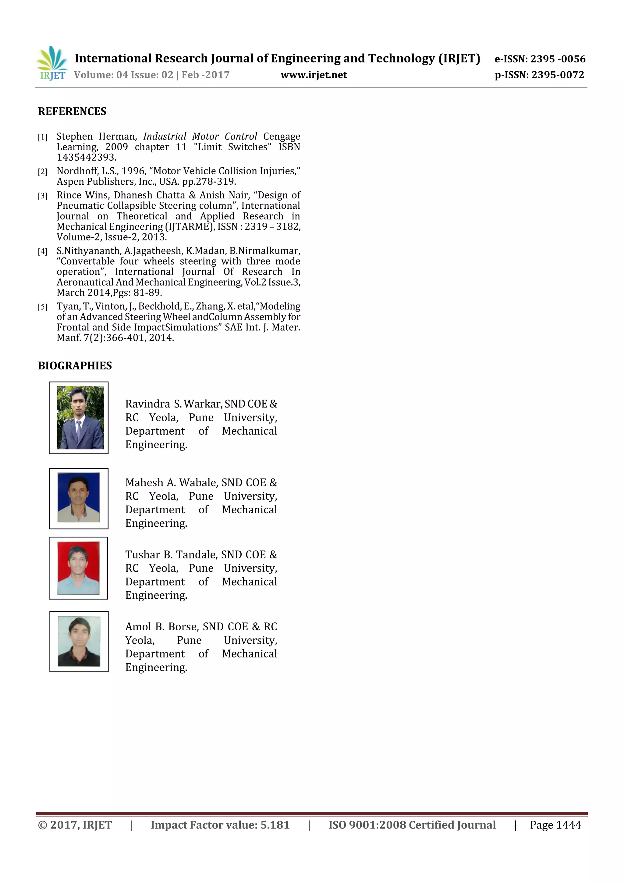 A Review Paper on Pneumatic Operated Collapsable Steering System | PDF