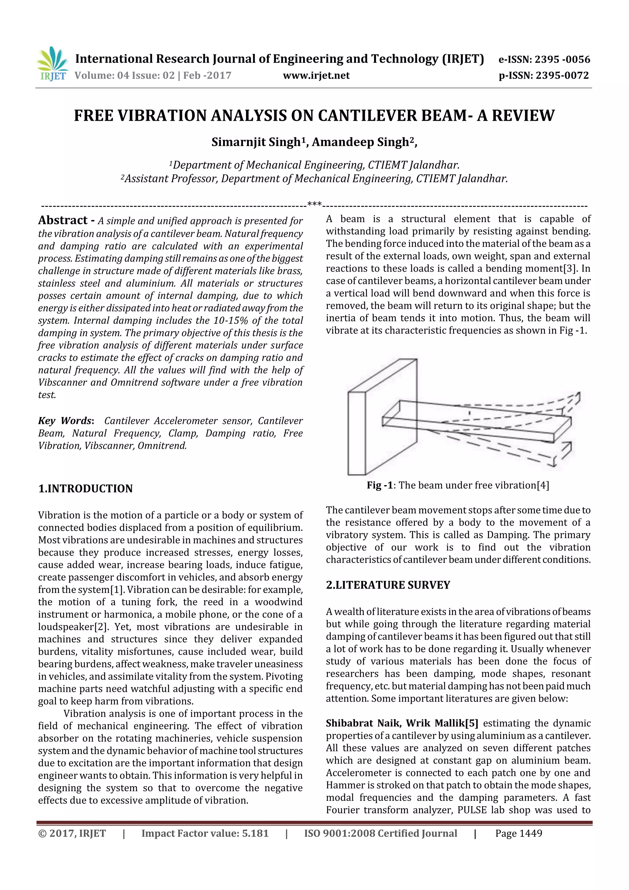 Free vibration analysis on cantilever beam-A review | PDF