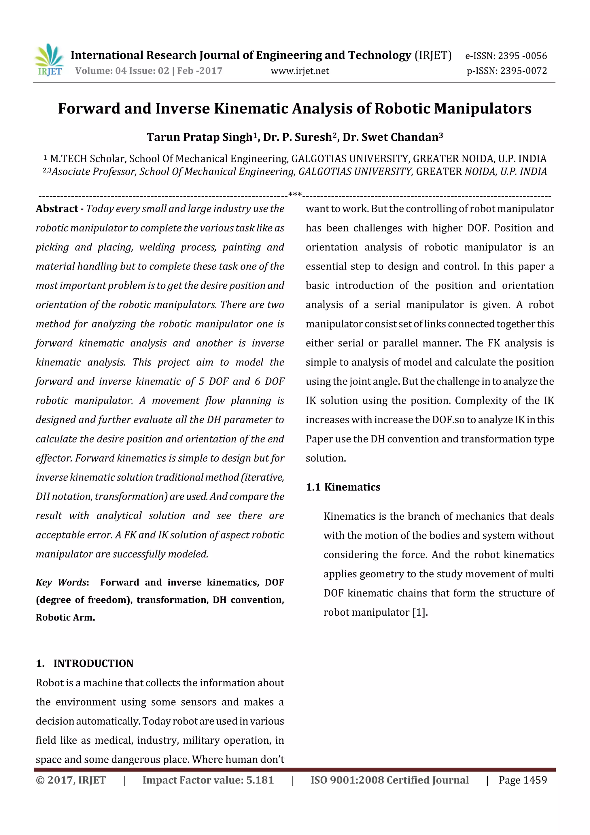 Forward and Inverse Kinematic Analysis of Robotic Manipulators | PDF