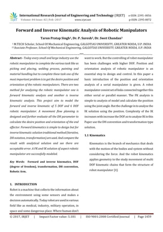 Forward and Inverse Kinematic Analysis of Robotic Manipulators | PDF