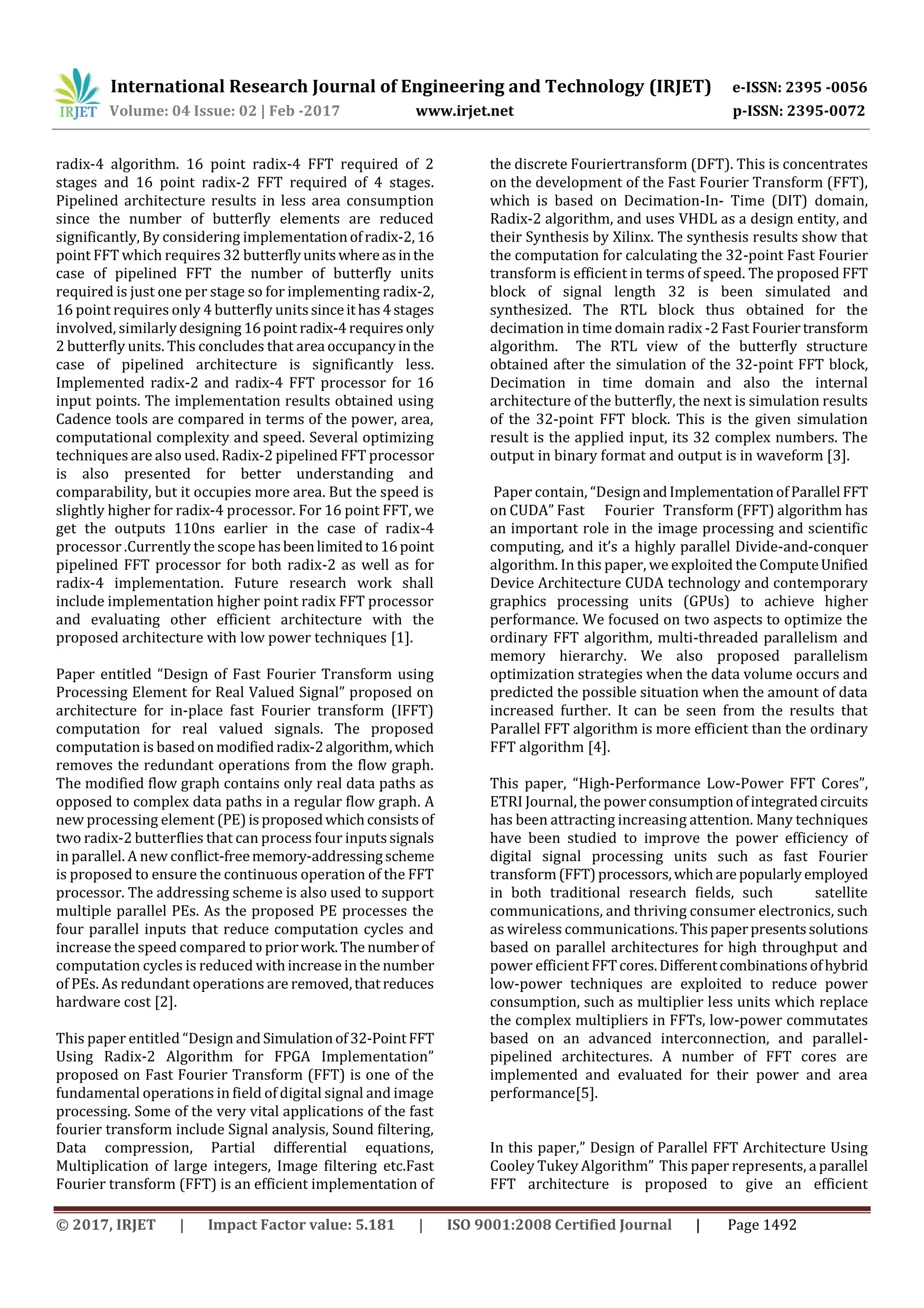 Review on low power high speed 32 point cyclotomic parallel FFT Processor | PDF