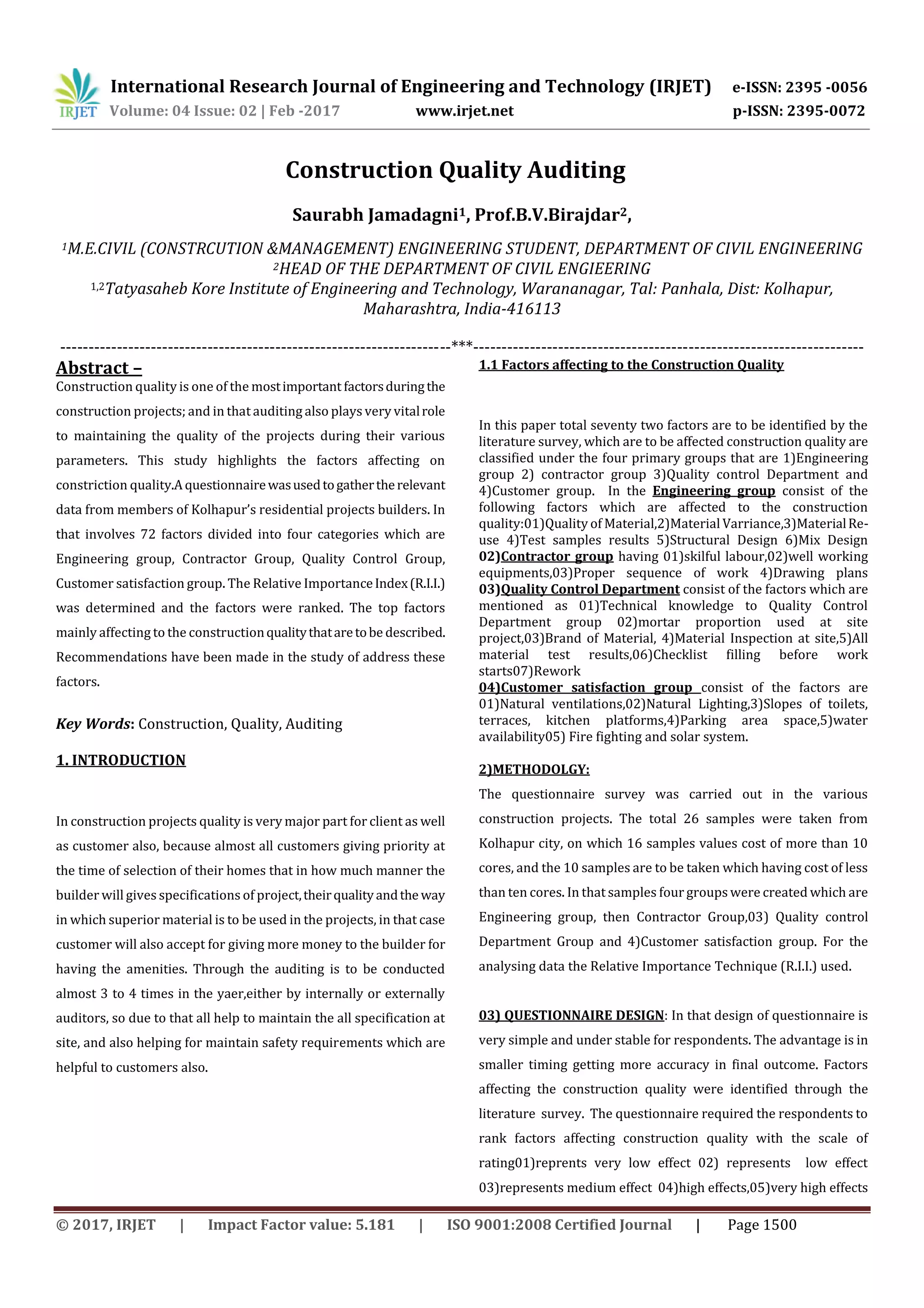 Construction Quality Auditing | PDF