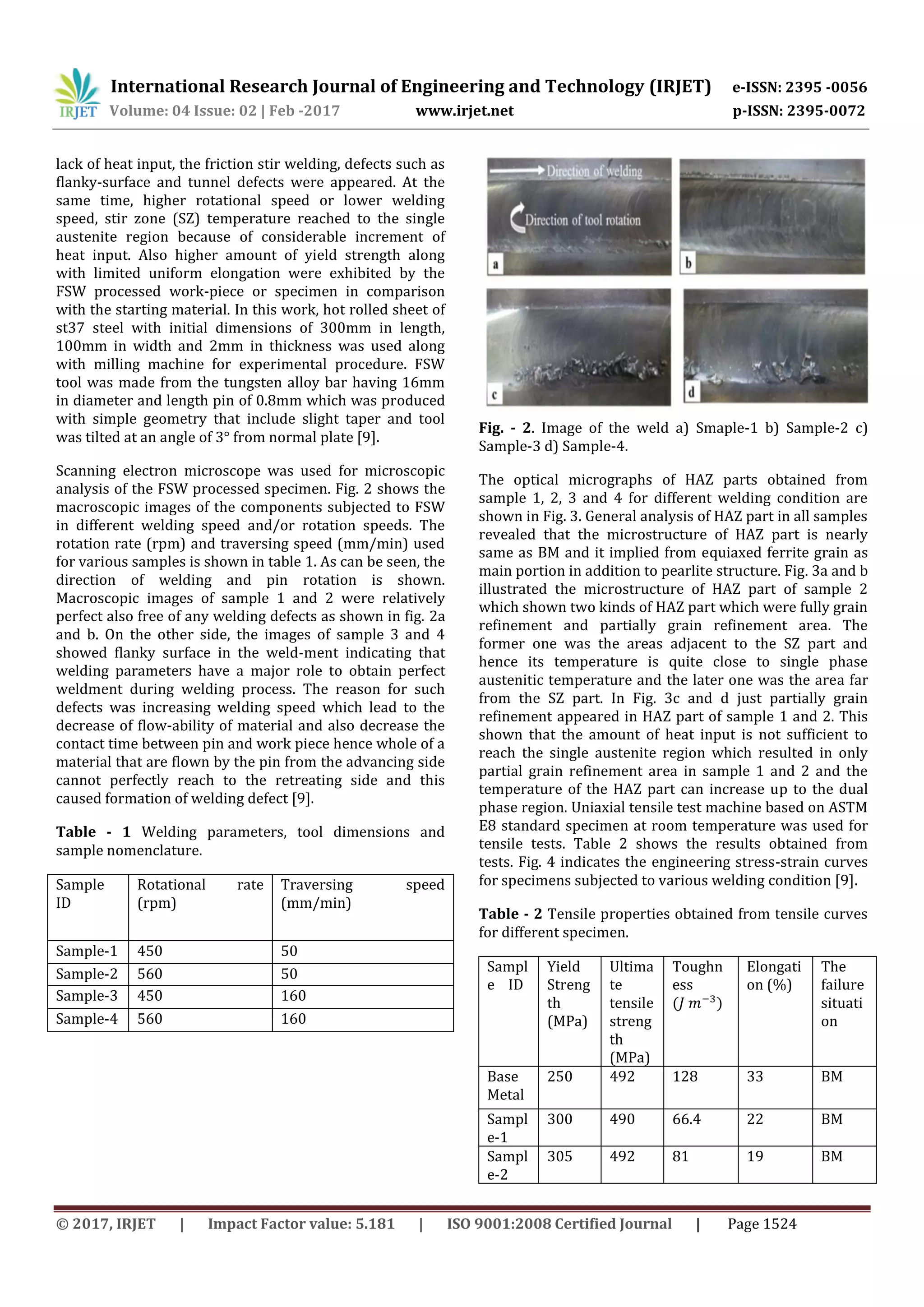 Various Parameter Effects on Friction Stir Welding- A Review | PDF | Chemistry | Science