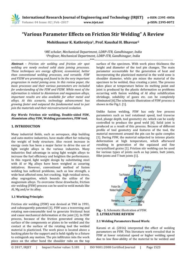 Various Parameter Effects on Friction Stir Welding- A Review | PDF | Chemistry | Science
