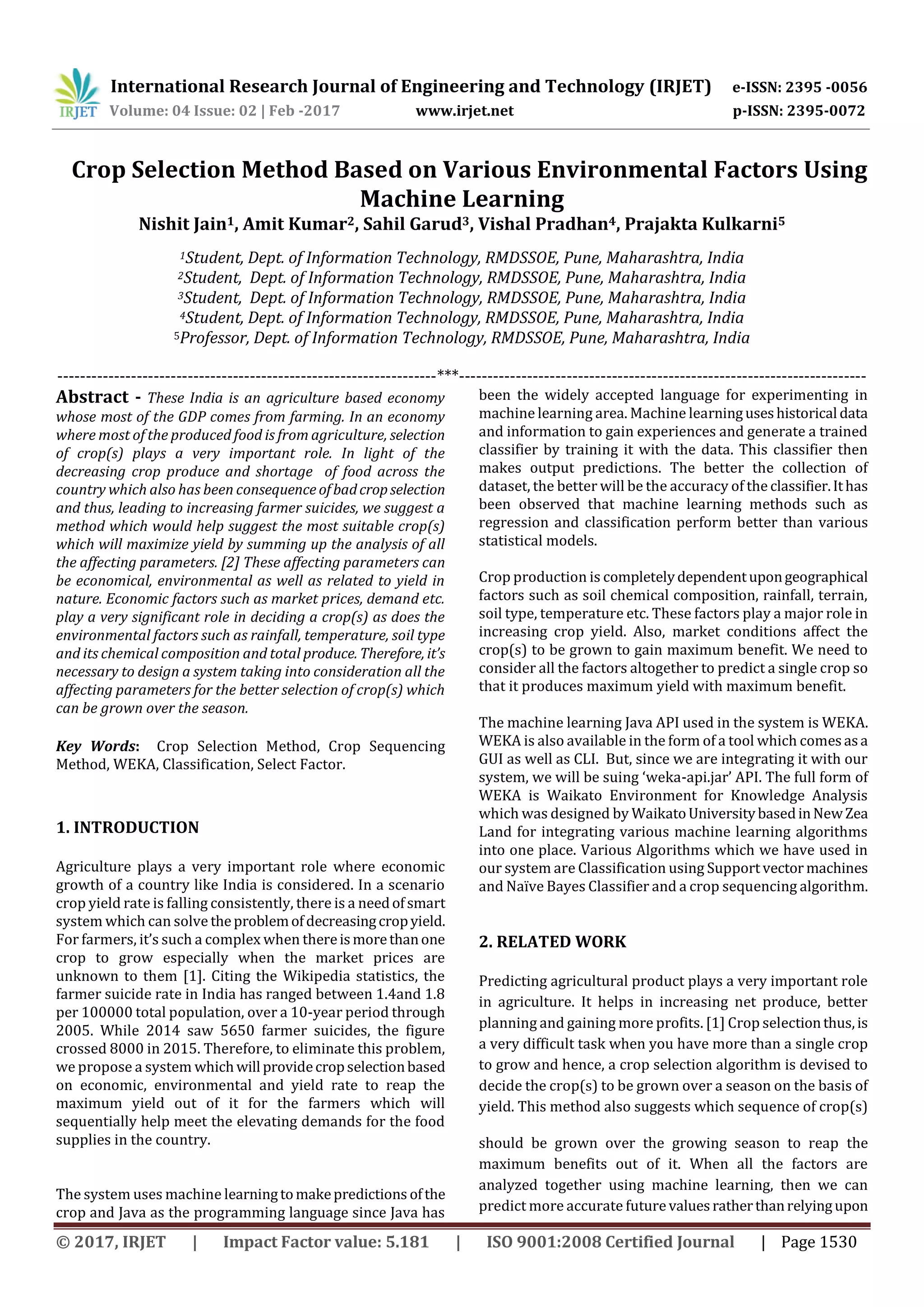 Crop Selection Method Based on Various Environmental Factors Using Machine Learning | PDF