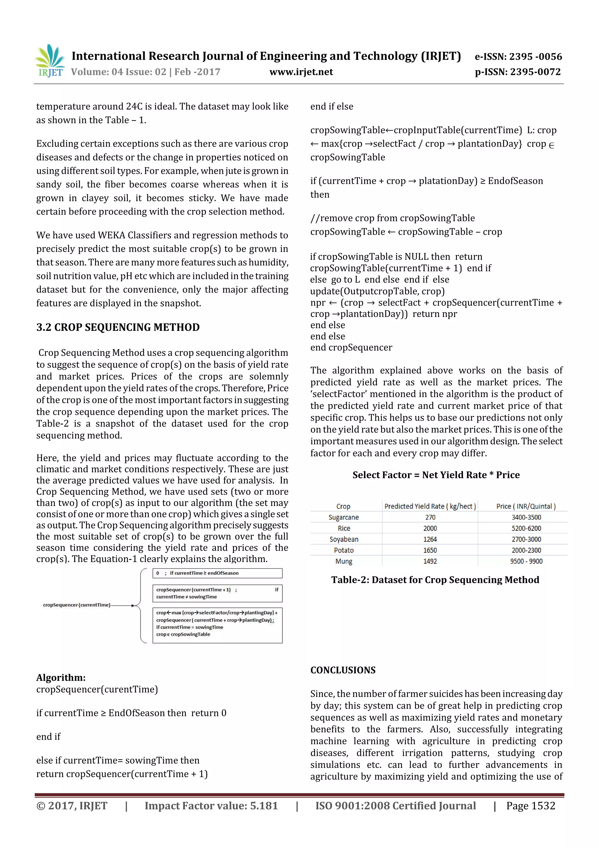 Crop Selection Method Based on Various Environmental Factors Using Machine Learning | PDF