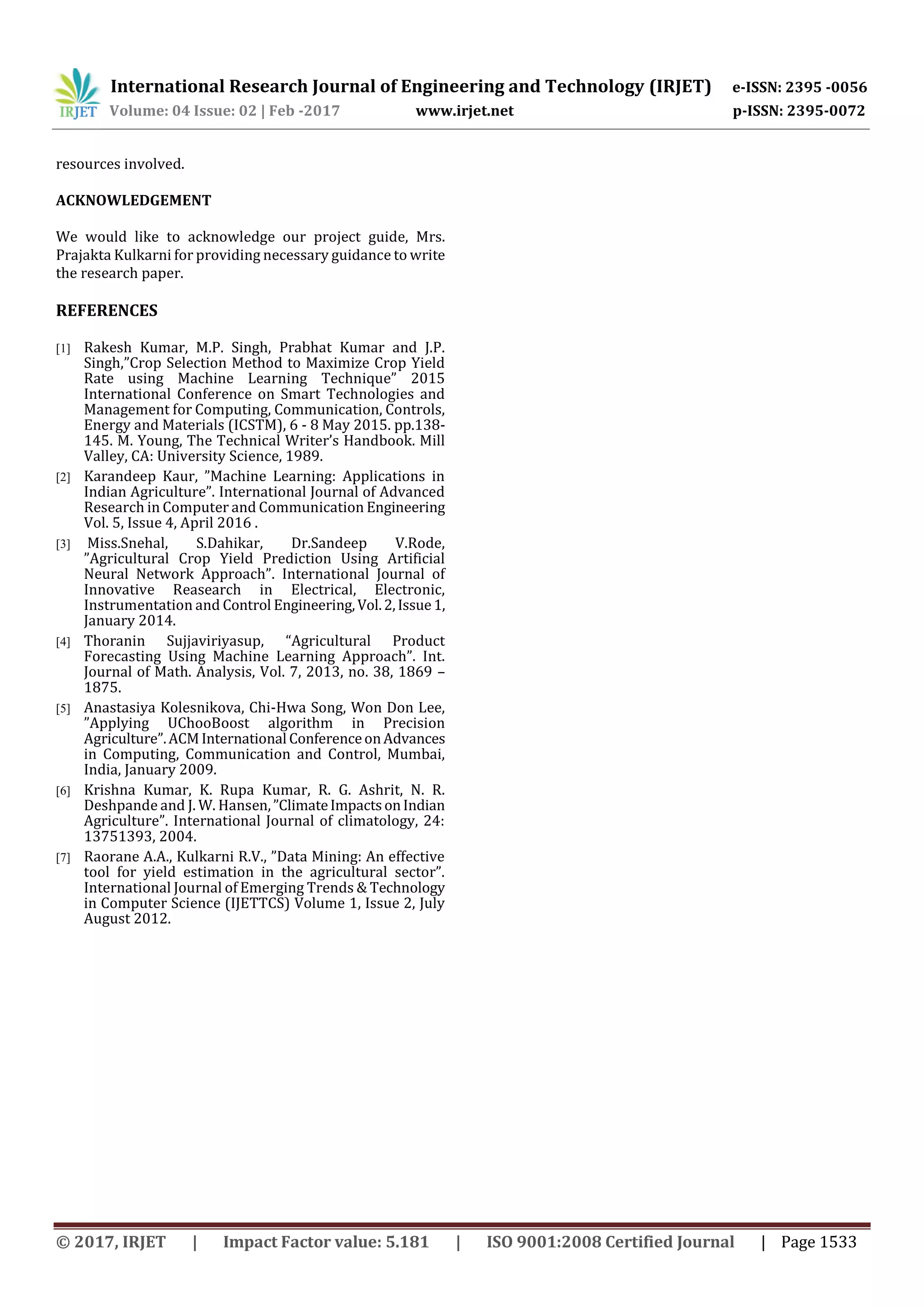 Crop Selection Method Based on Various Environmental Factors Using Machine Learning | PDF