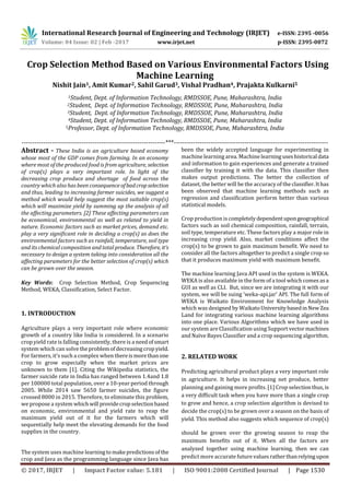 Crop Selection Method Based on Various Environmental Factors Using Machine Learning | PDF