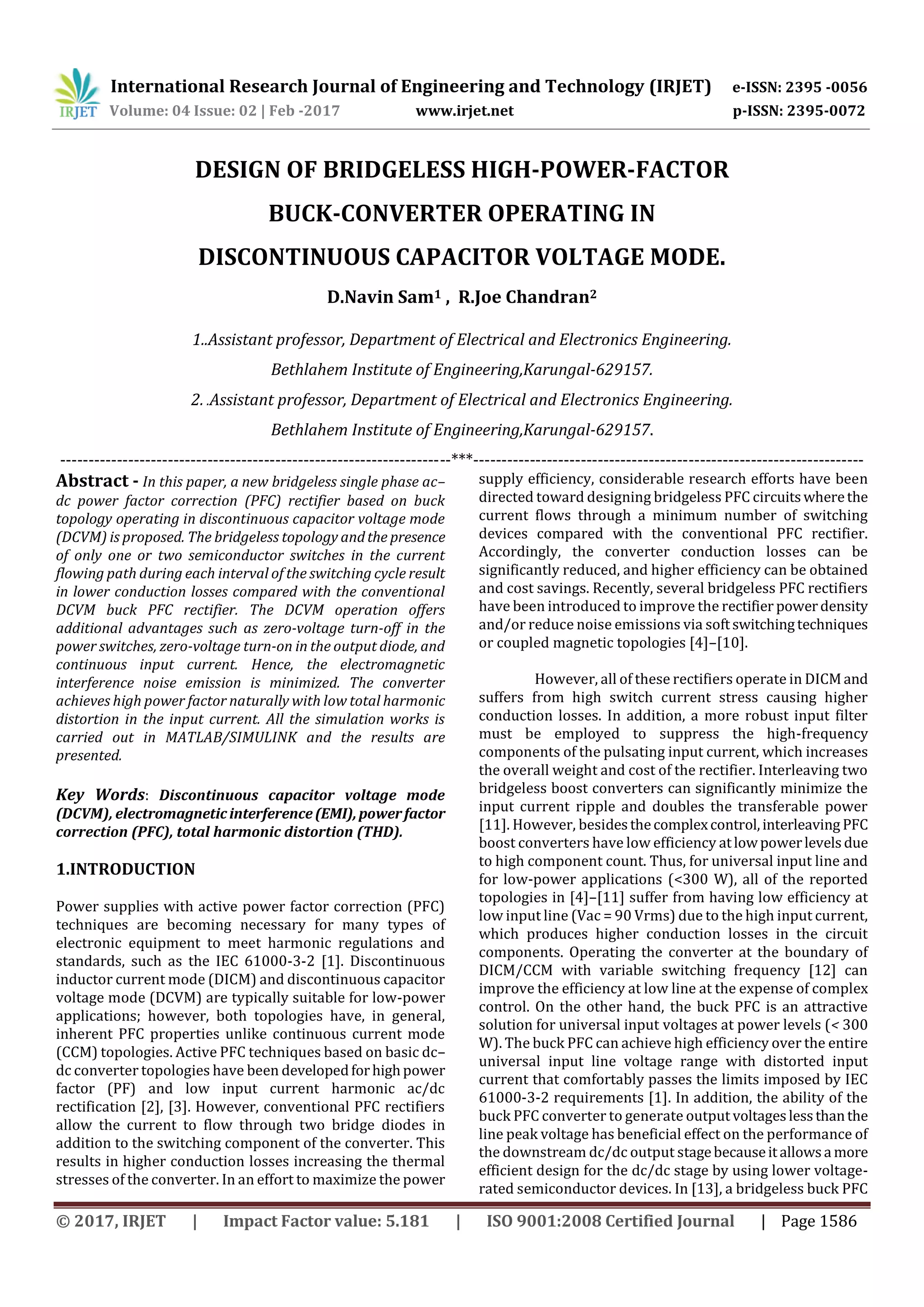 Design of bridgeless high-power-factor buck-converter operating in discontinuous capacitor ...