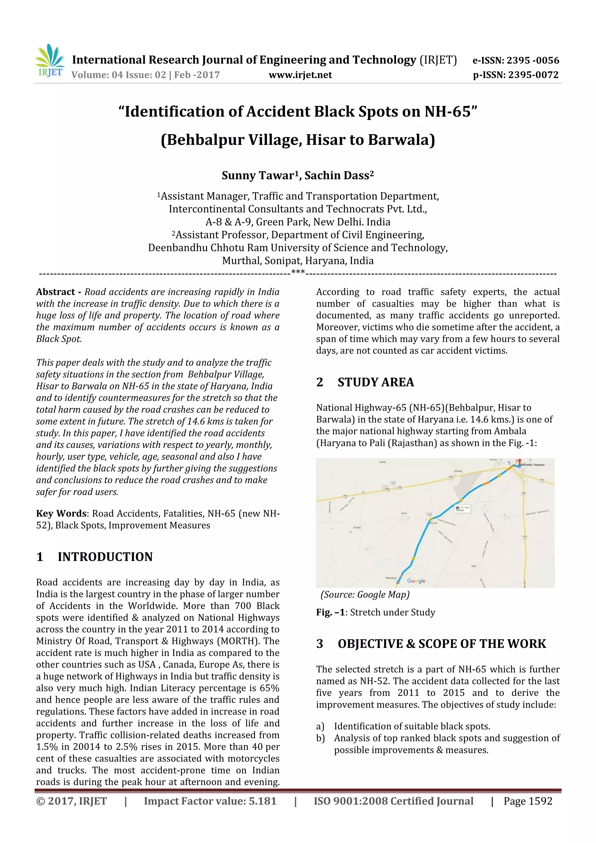 Identification of Accident Black Spots on NH-65(Behbalpur Village, Hisar to Barwala) | PDF ...