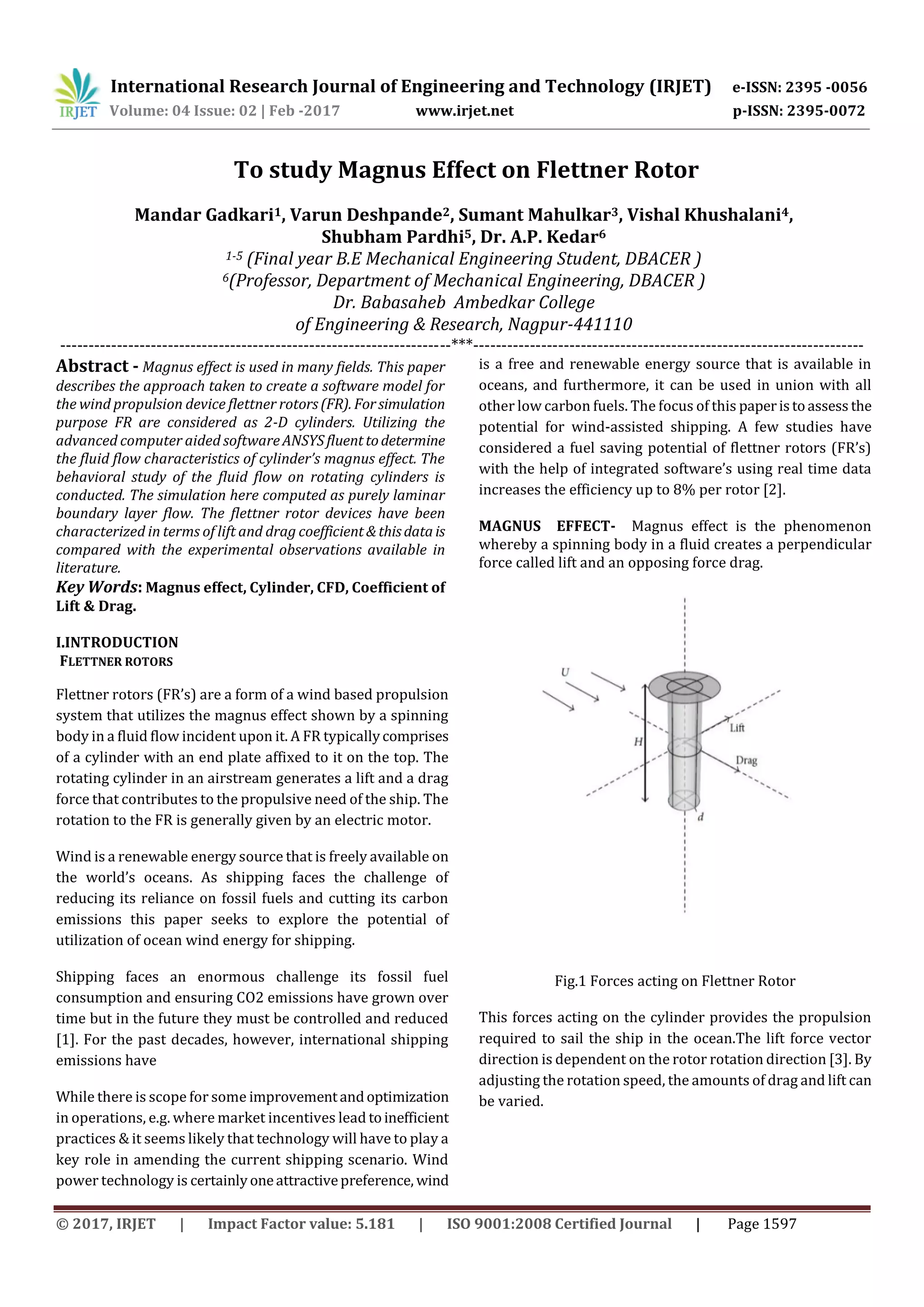 To study Magnus Effect on Flettner Rotor | PDF
