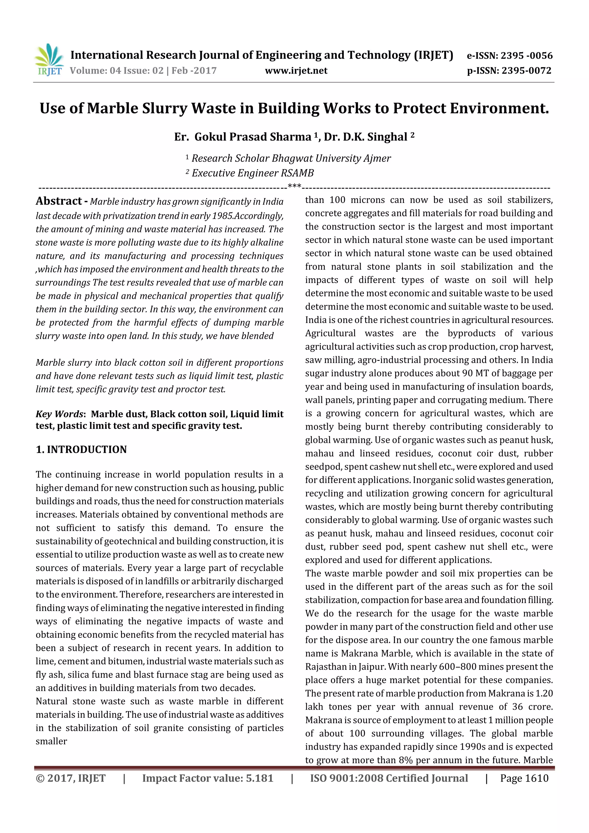Use of Marble Slurry Waste in Building Works to Protect Environment. | PDF