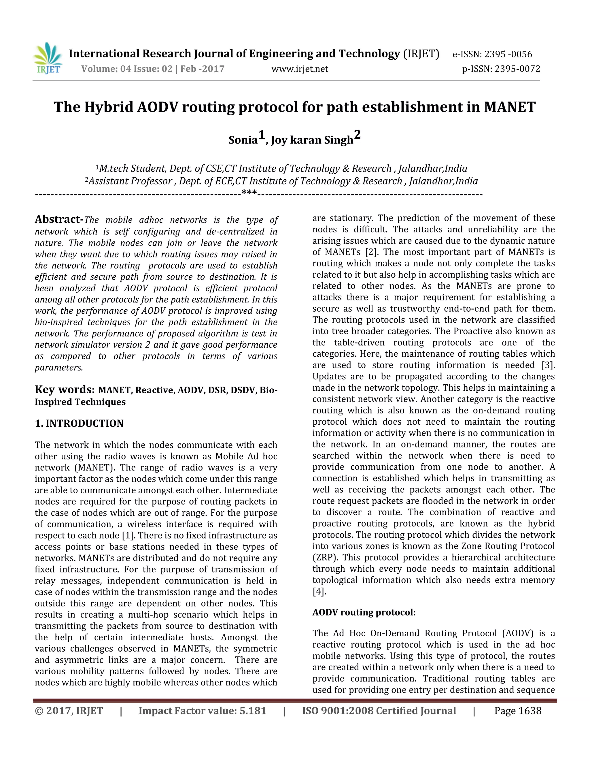 The Hybrid AODV routing protocol for path establishment in MANET | PDF