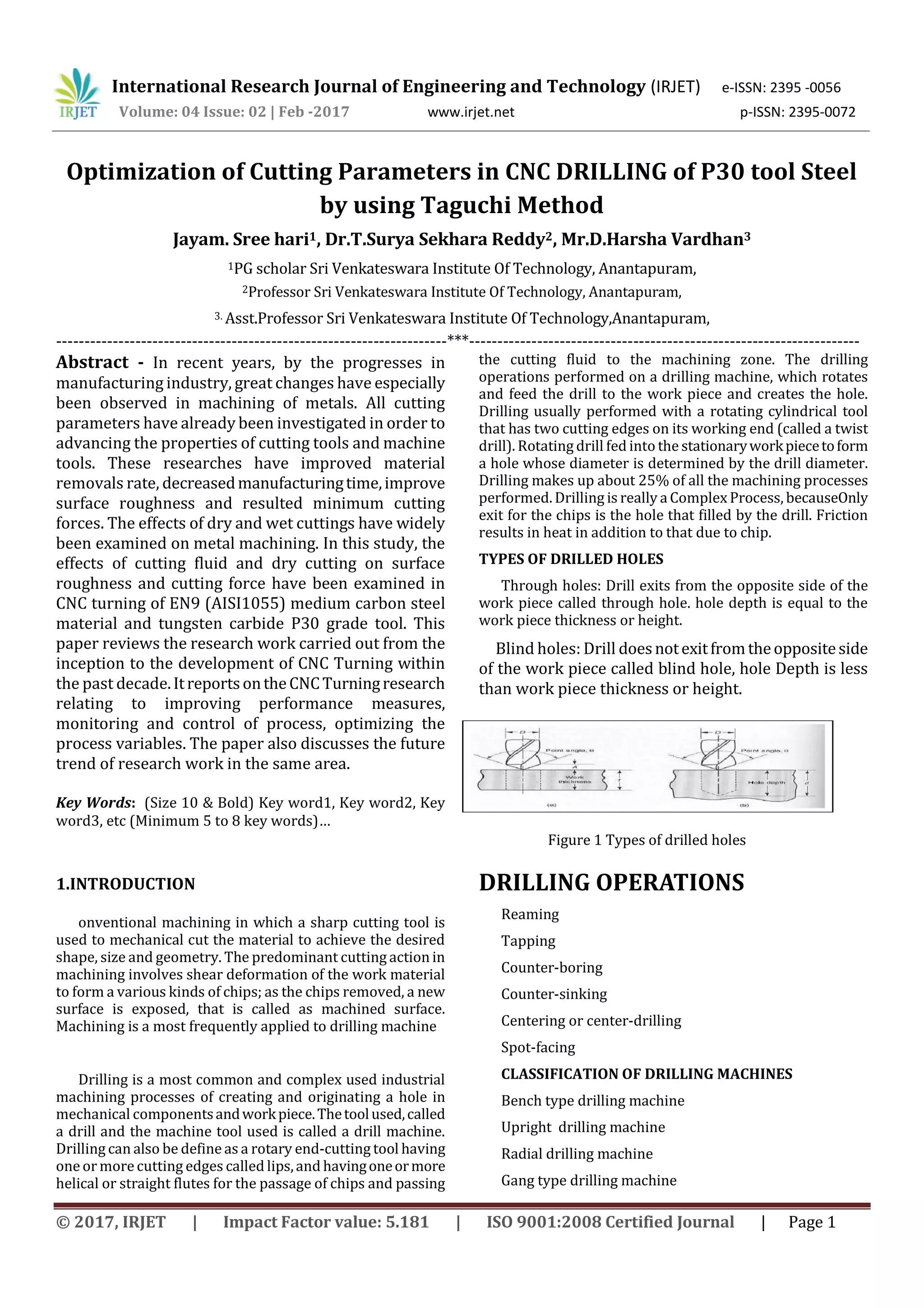 Optimization Of Cutting Parameters In Cnc Drilling Of P30 Tool Steel By