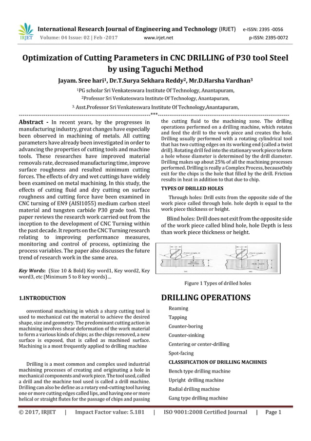 Optimization of Cutting Parameters in CNC DRILLING of P30 tool Steel by using Taguchi Method | PDF