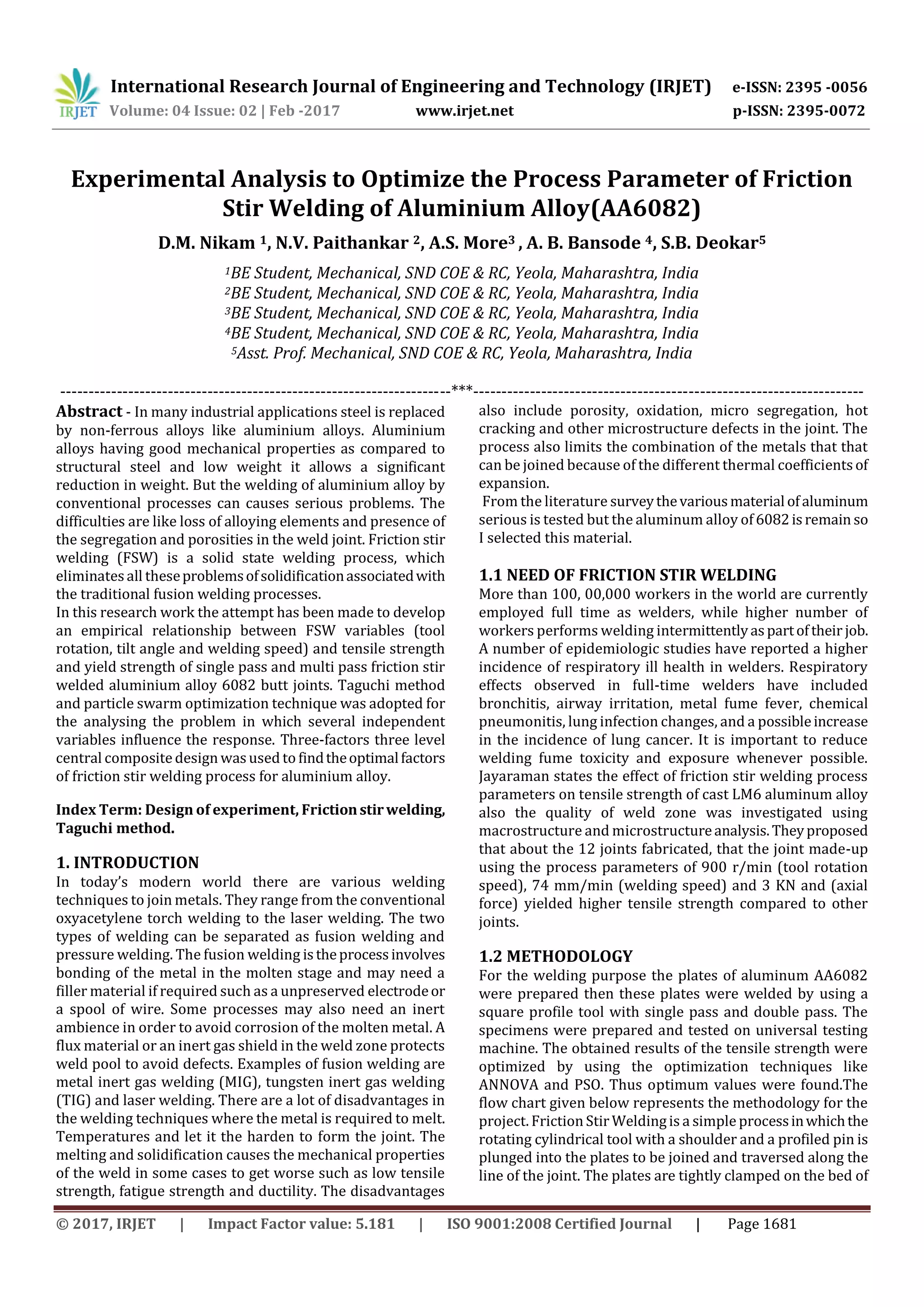 Experimental Analysis to Optimize the Process Parameter of Friction Stir Welding of Aluminium ...