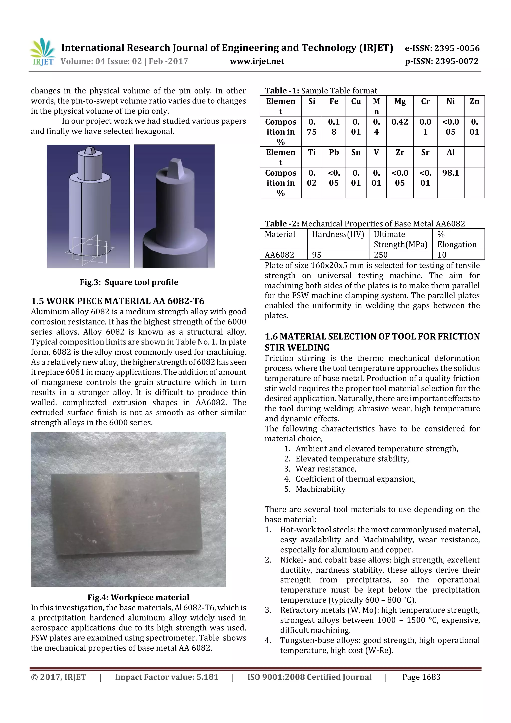 Experimental Analysis to Optimize the Process Parameter of Friction Stir Welding of Aluminium ...