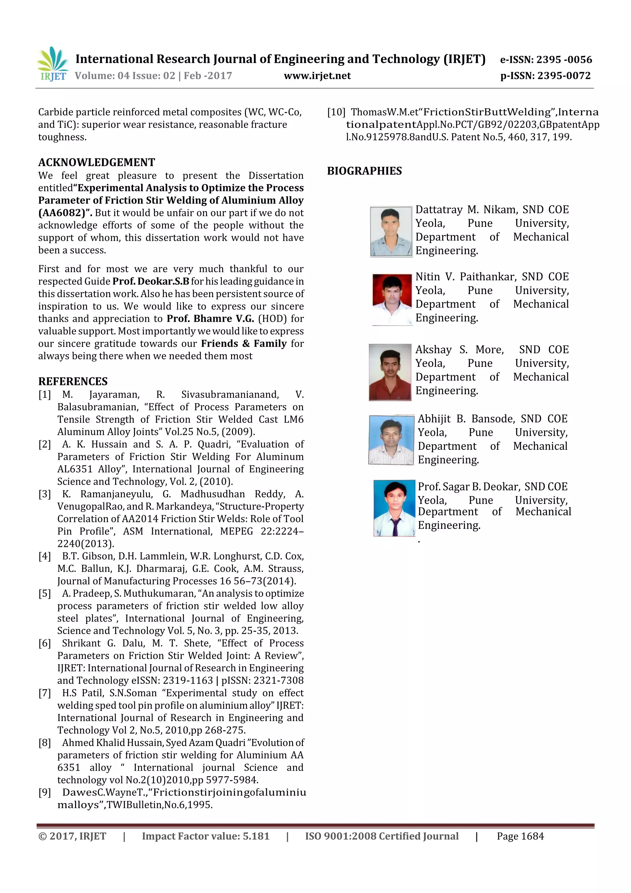 Experimental Analysis to Optimize the Process Parameter of Friction Stir Welding of Aluminium ...