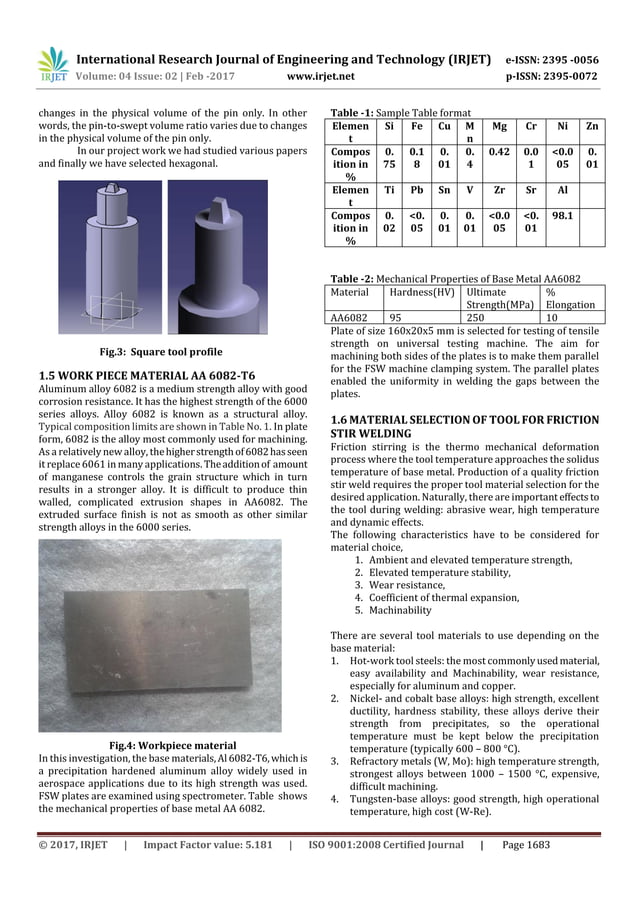 Experimental Analysis to Optimize the Process Parameter of Friction Stir Welding of Aluminium ...