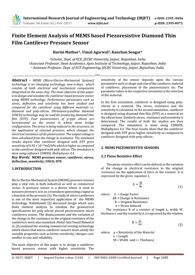 Finite Element Analysis of MEMS based Piezoresistive Diamond Thin Film Cantilever Pressure ...