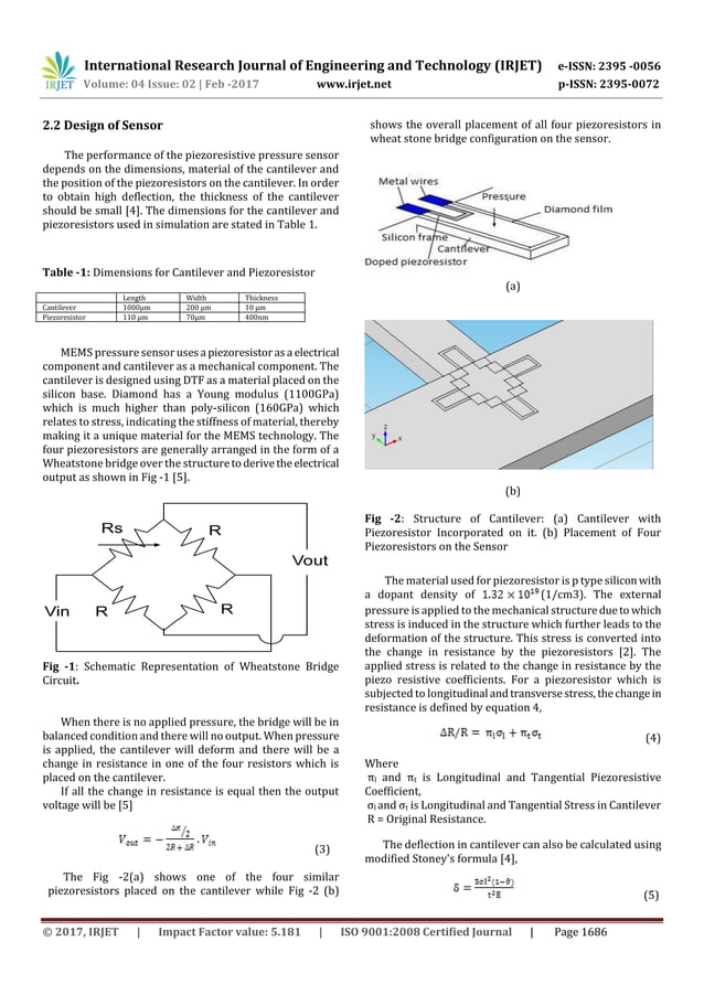 Finite Element Analysis Of Mems Based Piezoresistive Diamond Thin Film Cantilever Pressure