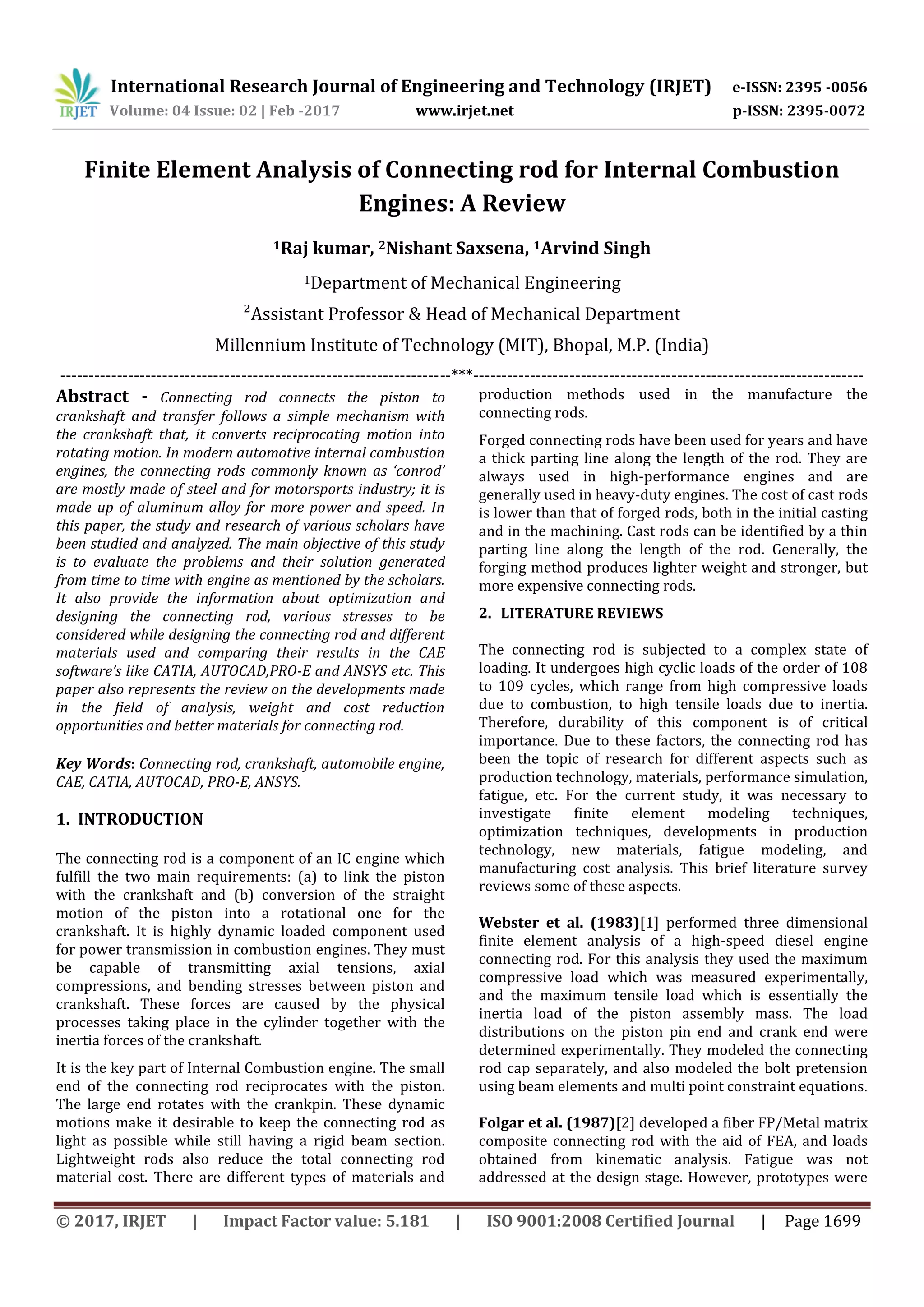 Finite Element Analysis of Connecting rod for Internal Combustion Engines: A Review | PDF