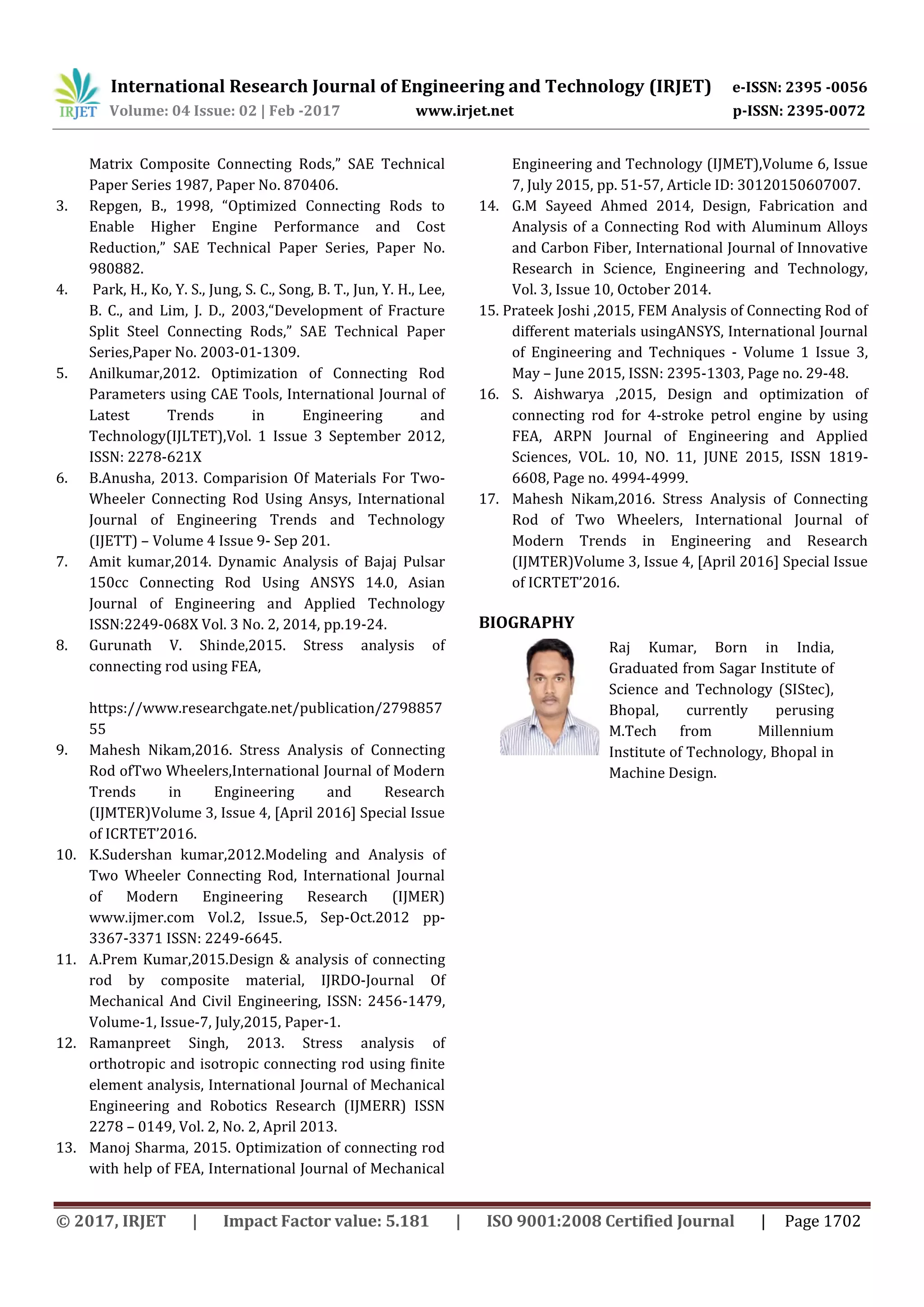 Finite Element Analysis of Connecting rod for Internal Combustion Engines: A Review | PDF