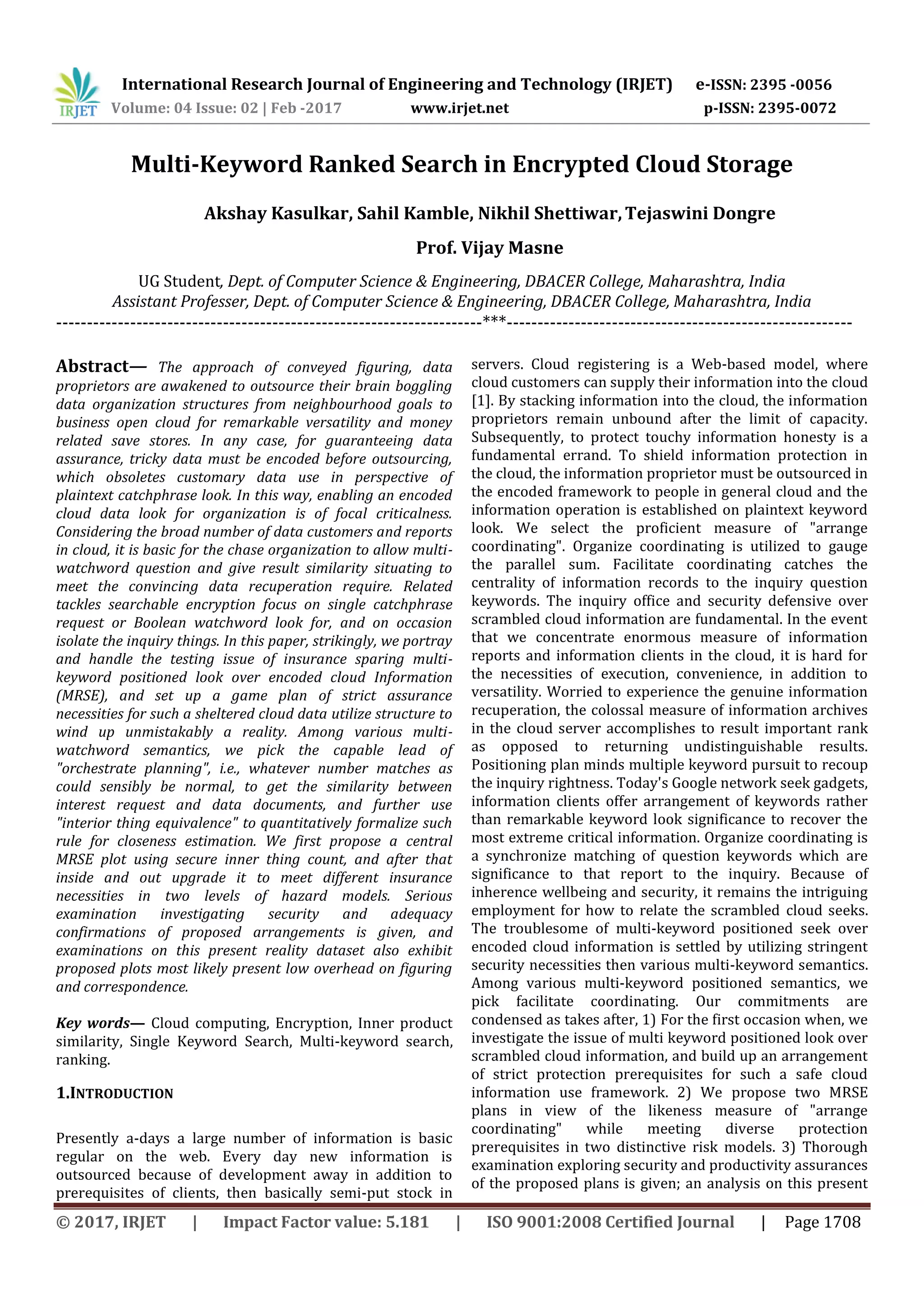 Multi-Keyword Ranked Search in Encrypted Cloud Storage | PDF | Search | Internet