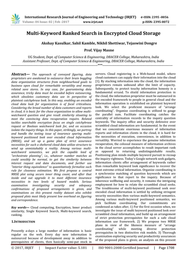 Multi Keyword Ranked Search In Encrypted Cloud Storage Pdf Search Internet