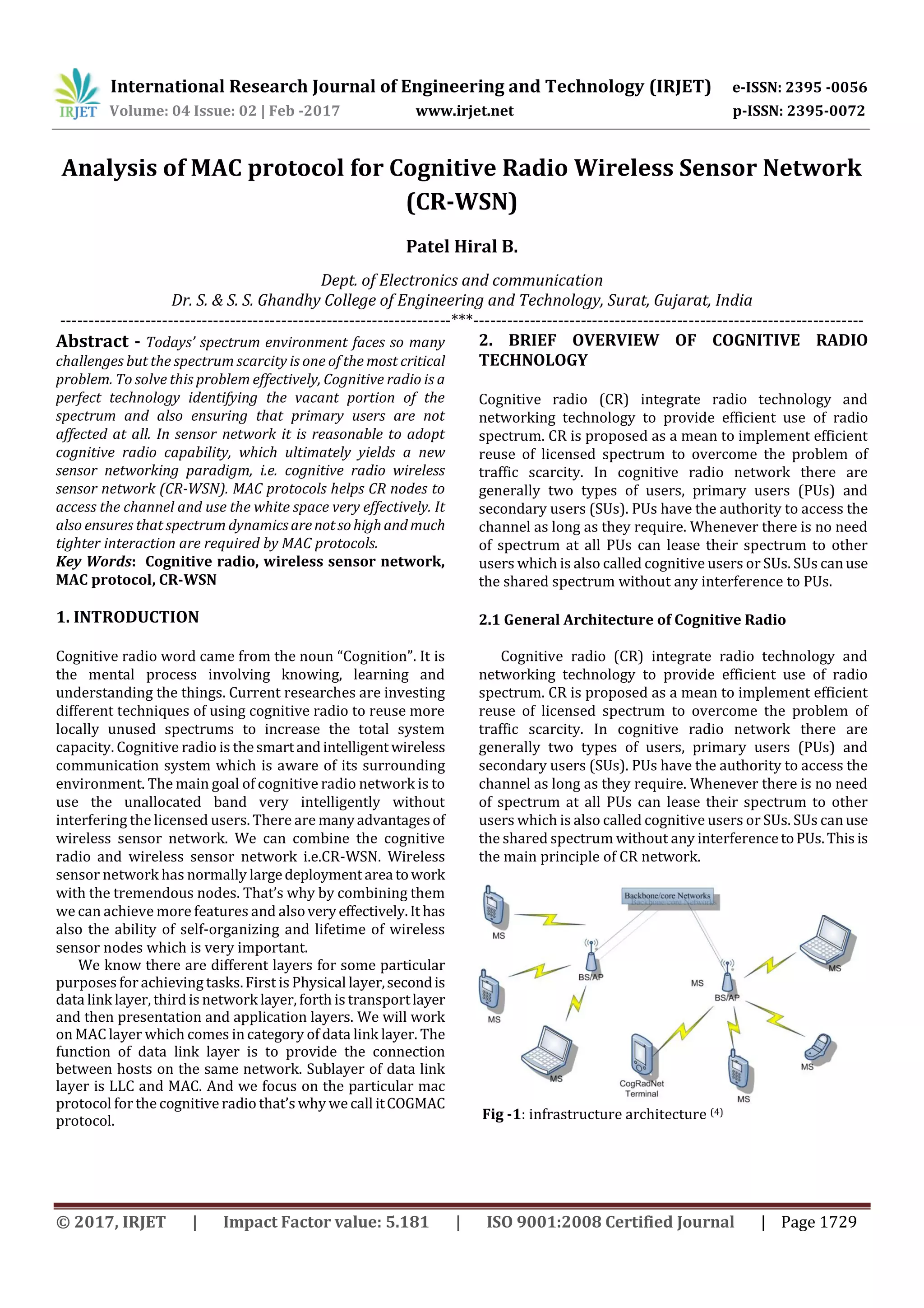 Analysis of MAC protocol for Cognitive Radio Wireless Sensor Network (CR-WSN) | PDF