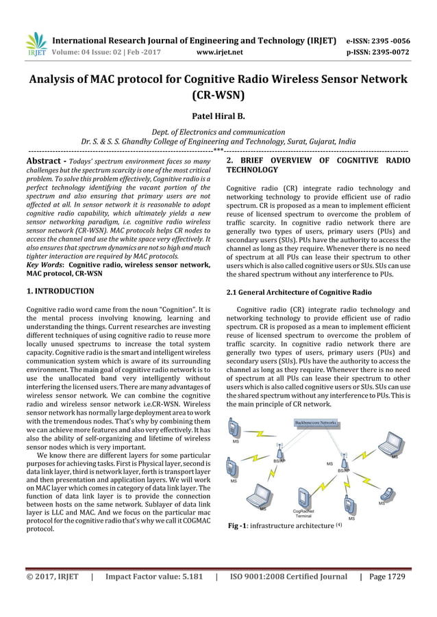 Analysis of MAC protocol for Cognitive Radio Wireless Sensor Network (CR-WSN) | PDF