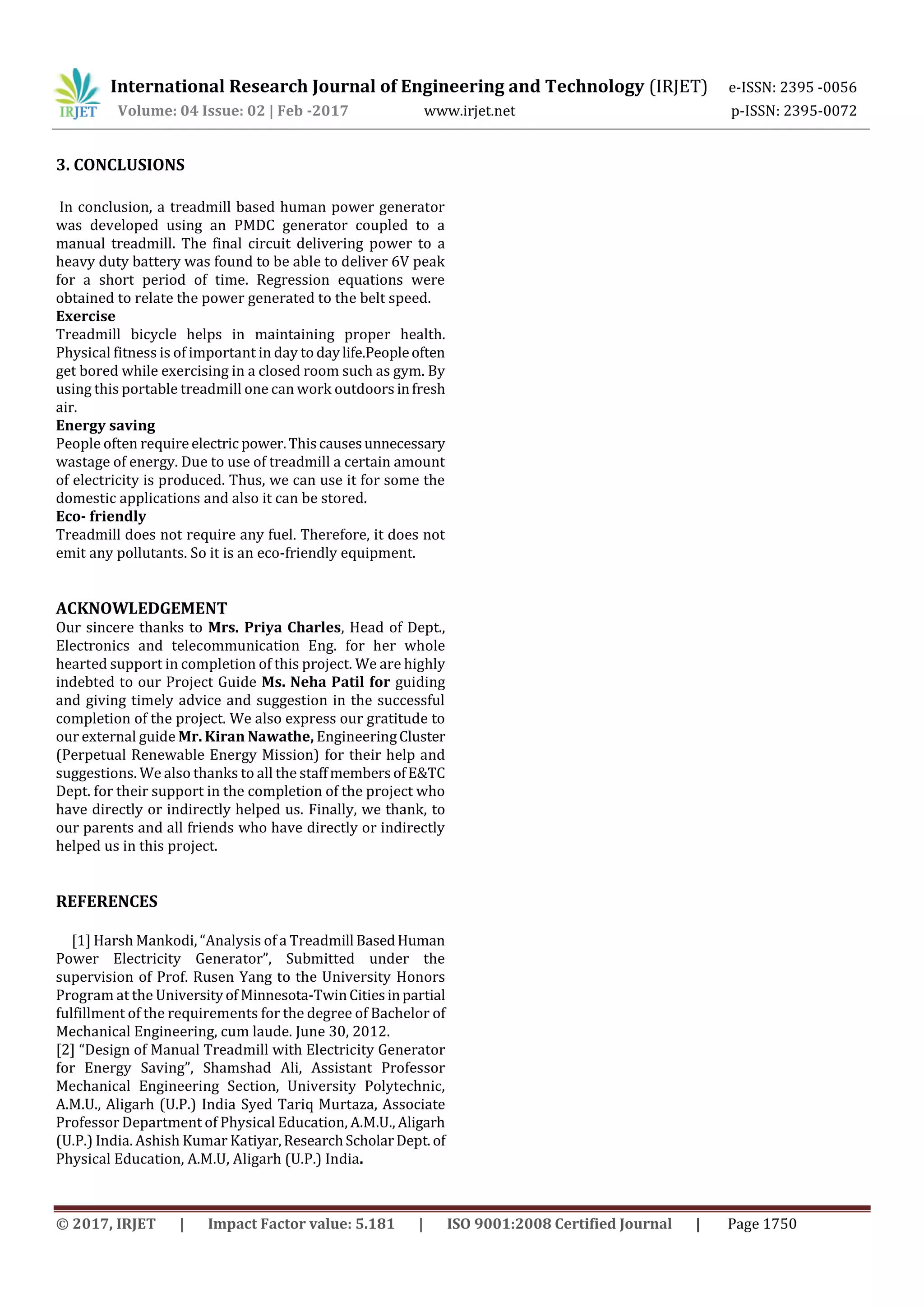 Design and Development of Treadmill to Generate Electricity by Using ...