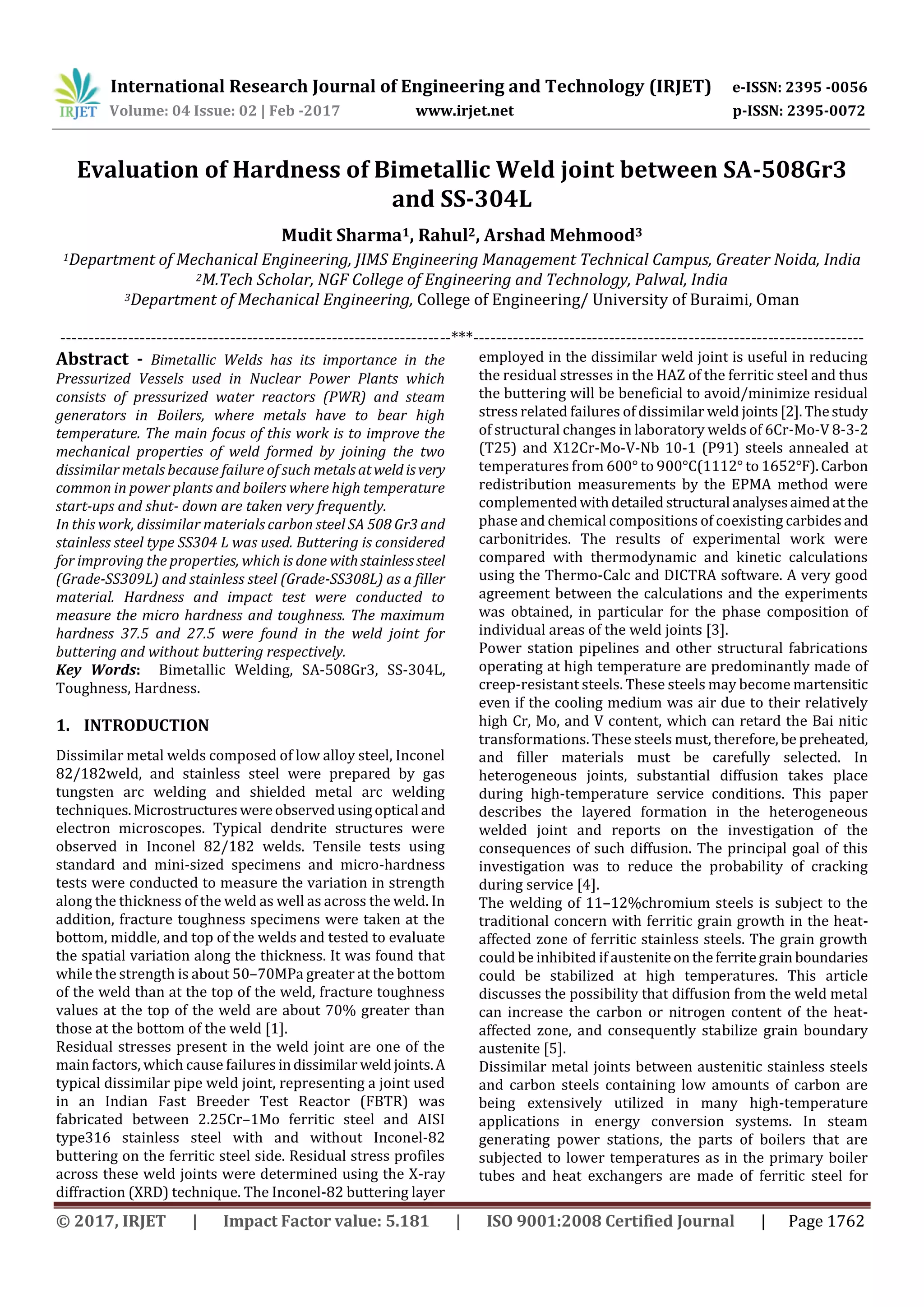 Evaluation of Hardness of Bimetallic Weld joint between SA-508Gr3 and ...